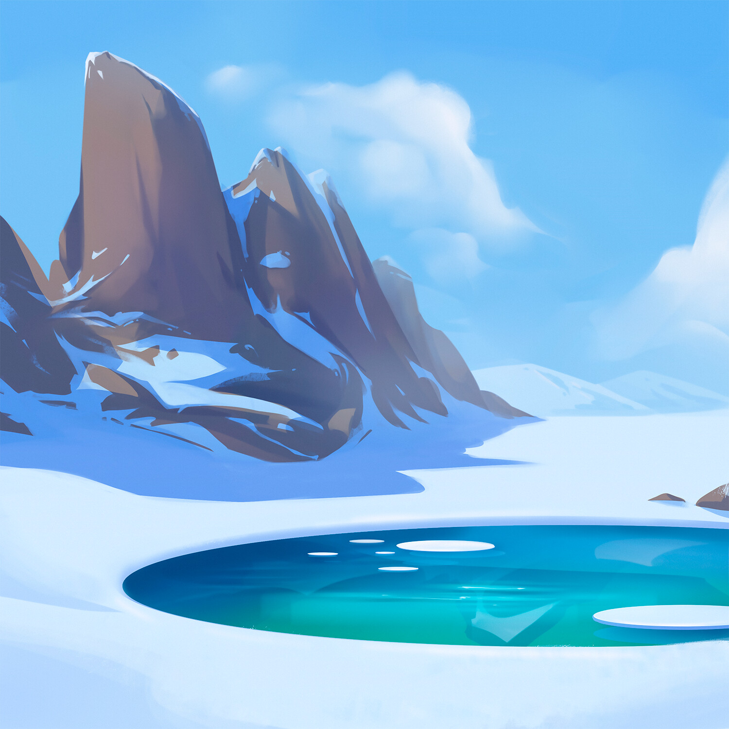 ArtStation - snowy landscape, lake and mountains