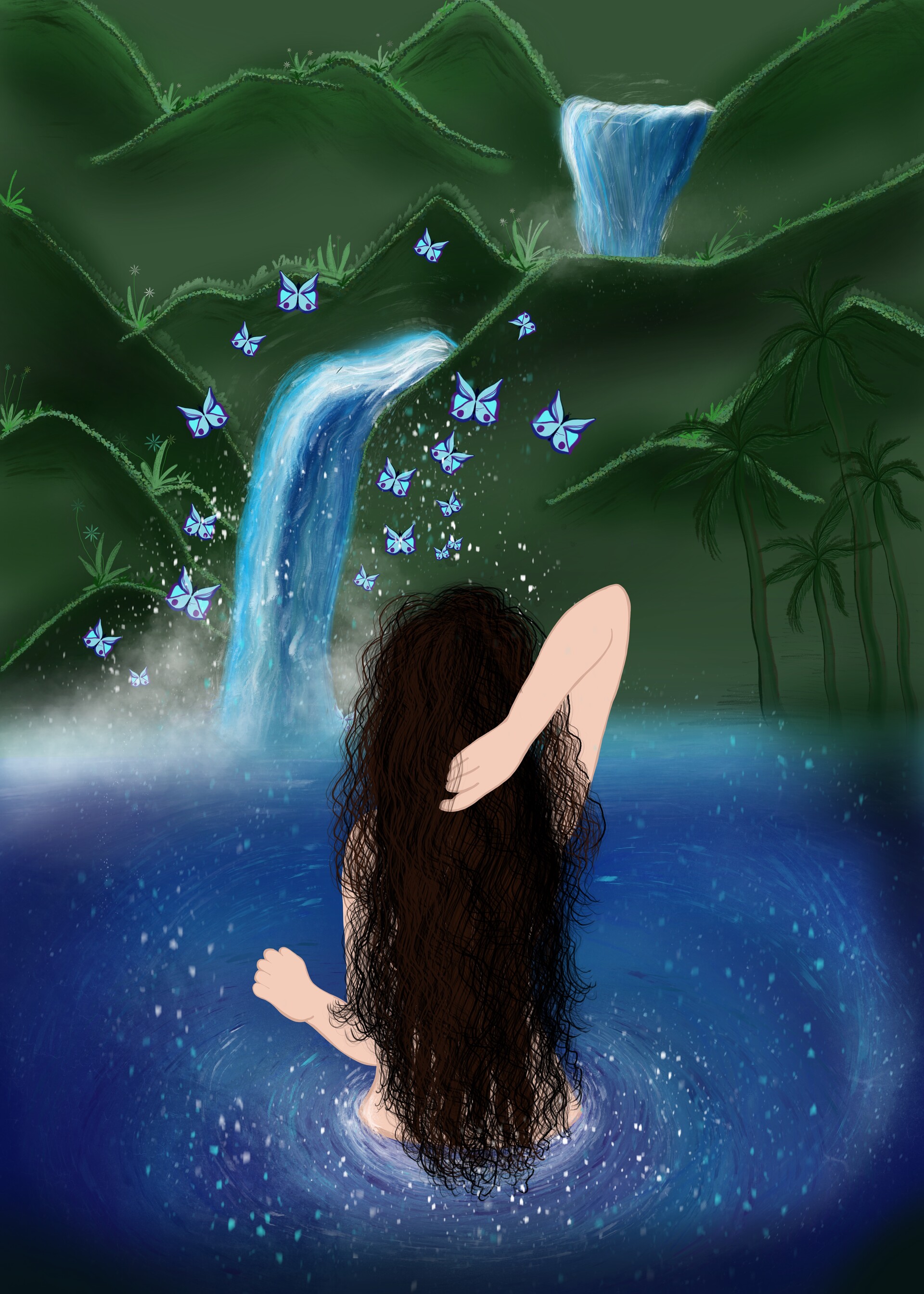 ArtStation - Girl looking at the waterfall