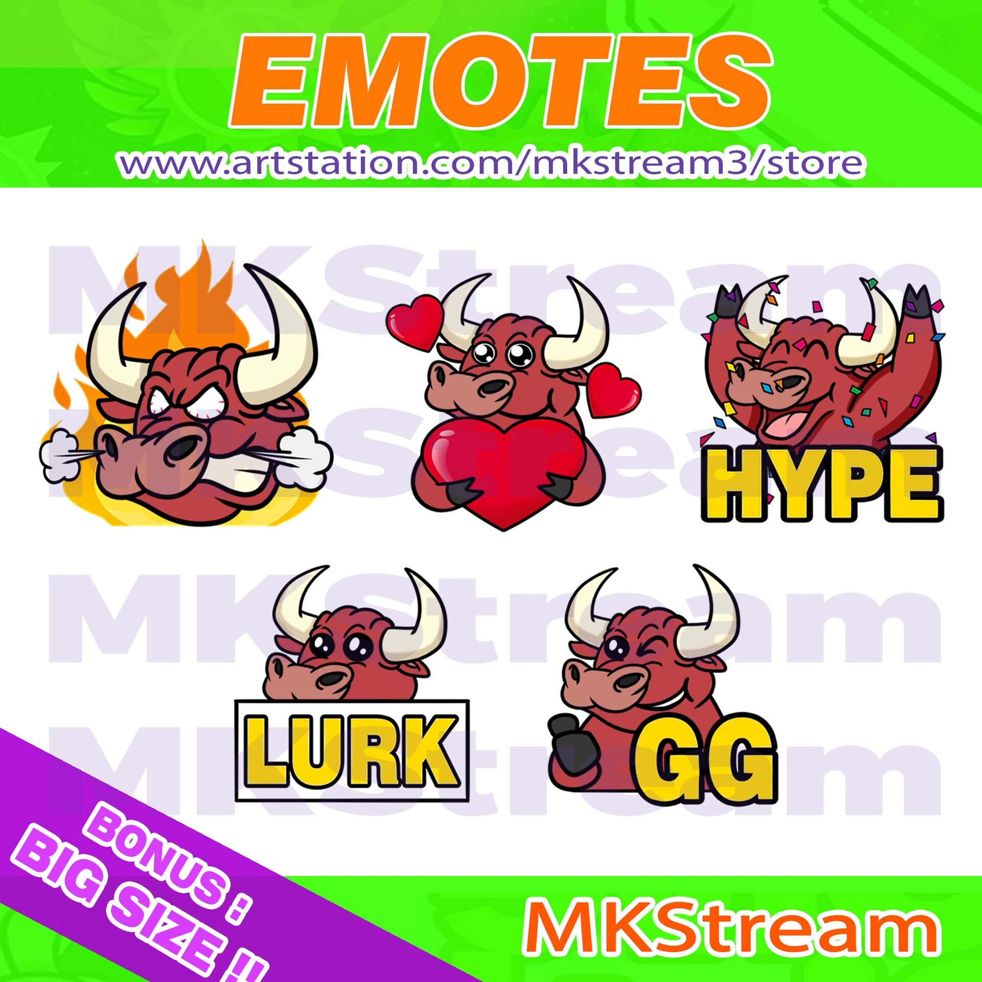 ArtStation - Twitch emotes bull lurk, hype, gg, love & rage pack