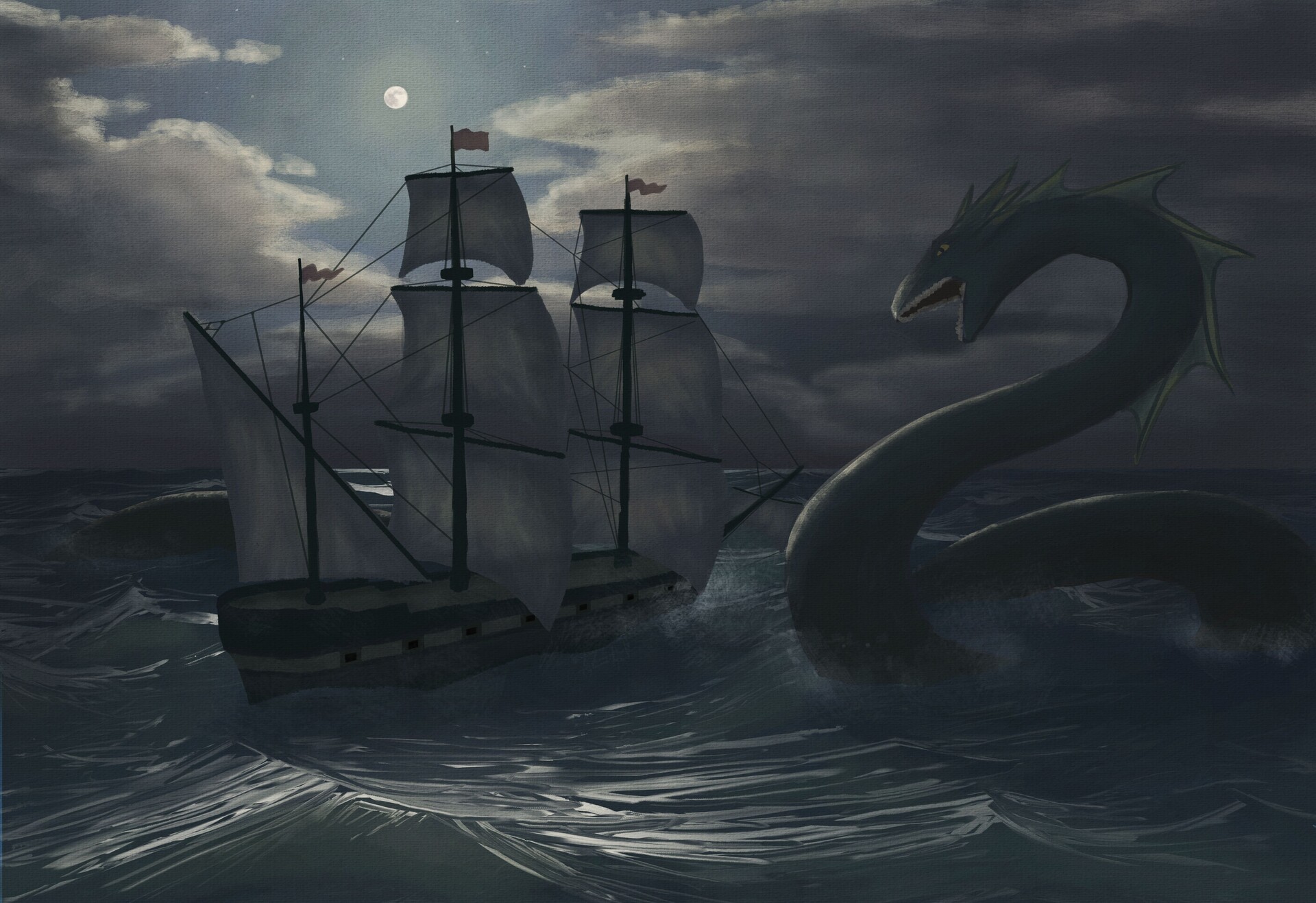 ArtStation - A sea serpent and a ship