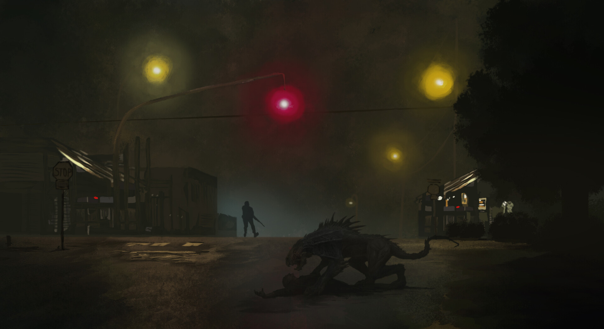 ArtStation - Digital Environment Concept Art - Monster Horror Street Scene