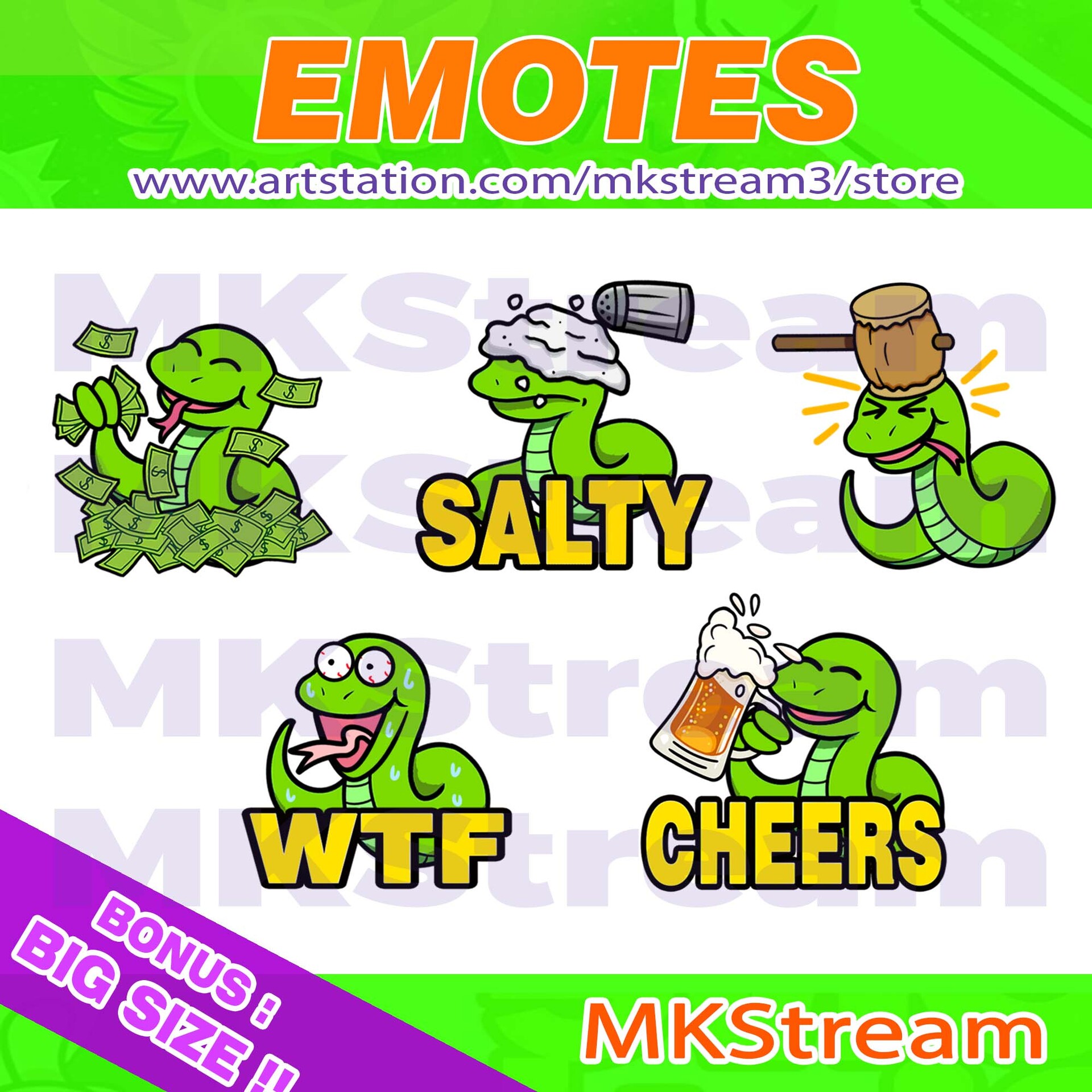 ArtStation - Twitch emotes cute snake rich, salty, hammer, wtf & cheers ...