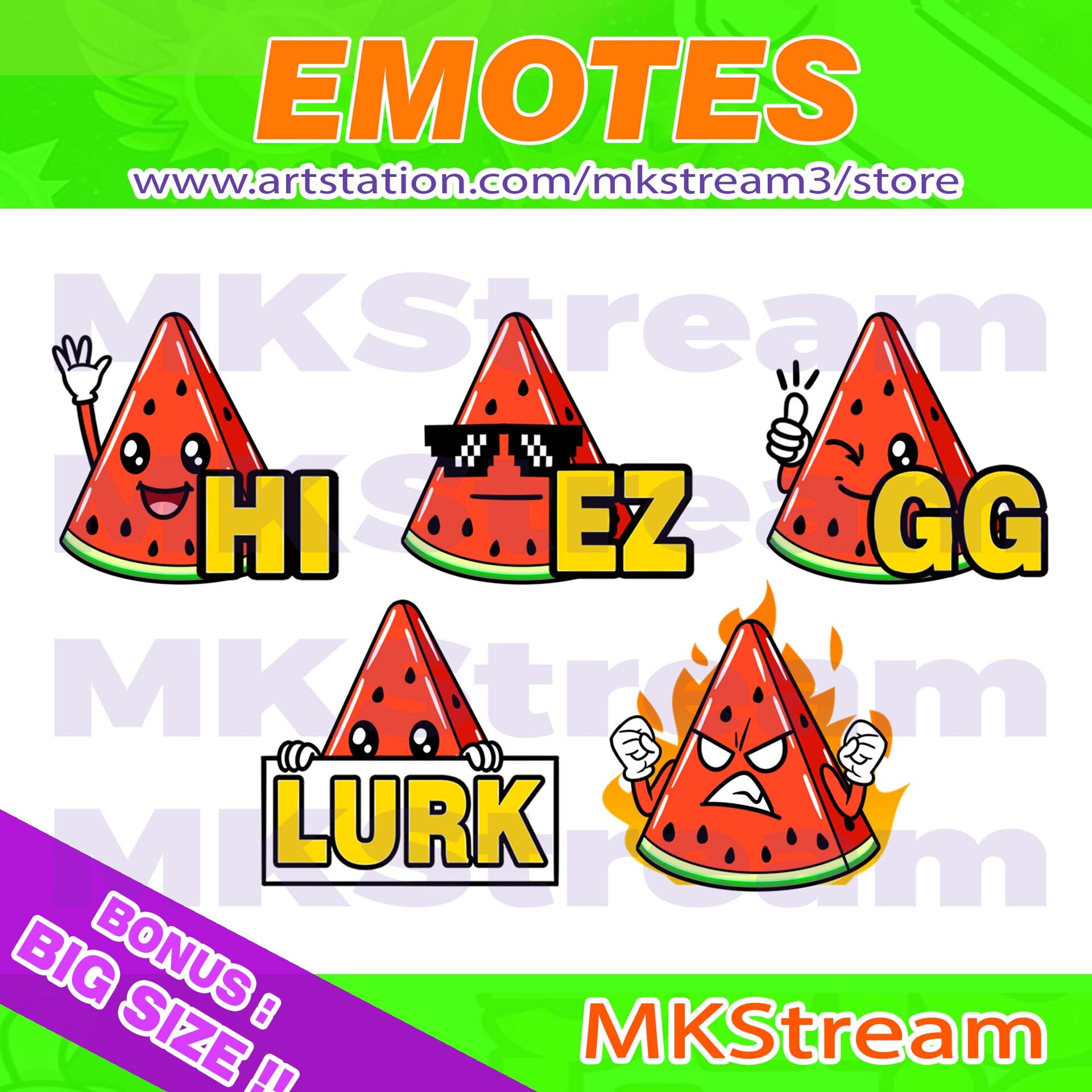 ArtStation - Twitch emotes watermelon lurk, hi, gg, ez & rage pack