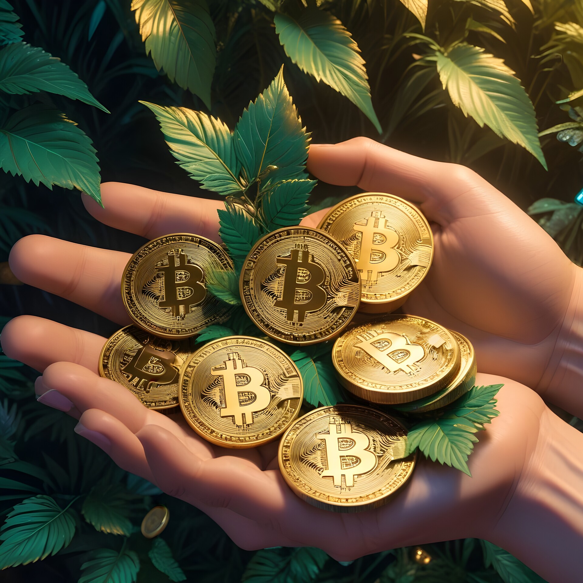 ArtStation - crypto coins in hand with leaf