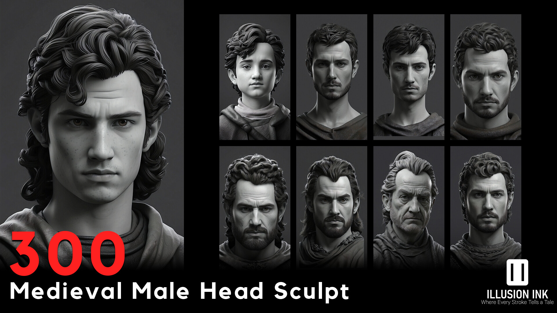 ILLUSION INK - 300 Medieval Male Head Sculpt Reference | 8K