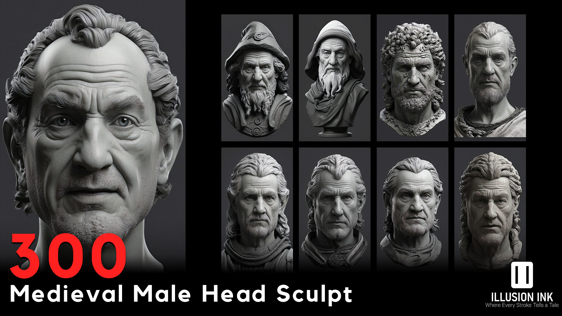 ILLUSION INK - 300 Medieval Male Head Sculpt Reference | 8K