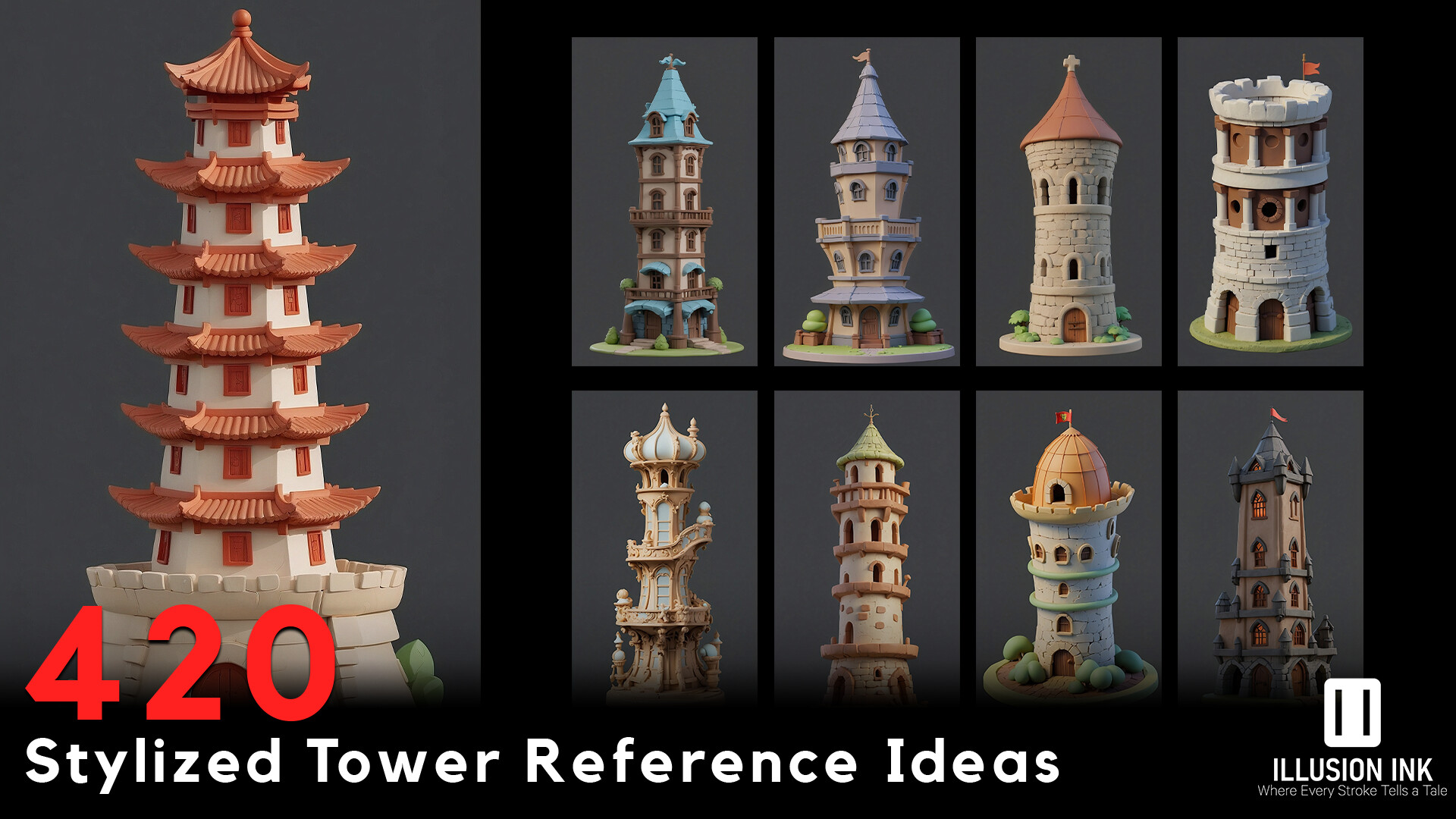 ILLUSION INK - 420 Stylized Tower Reference Ideas | 8K