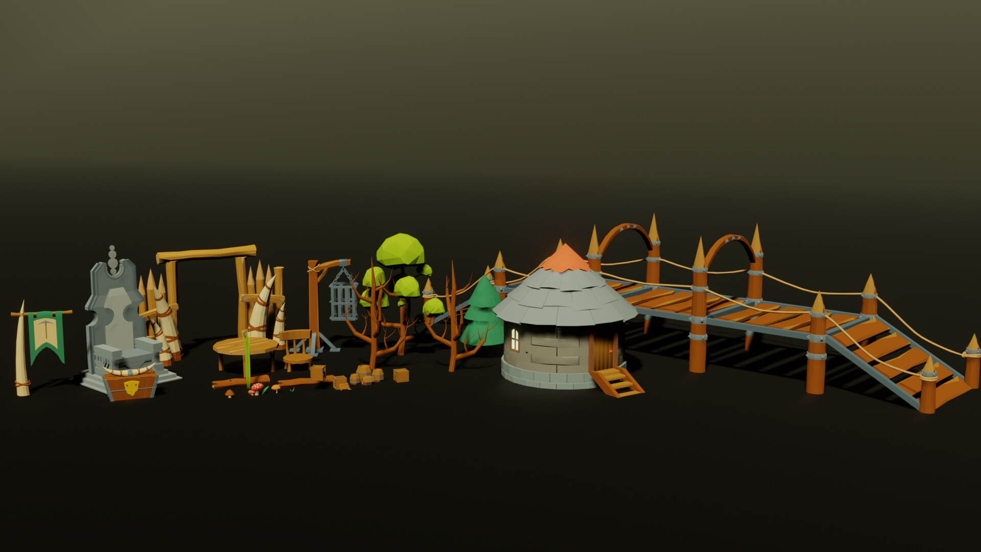 ArtStation - Low Poly Orcs, Goblin environment props (Throne, trees ...