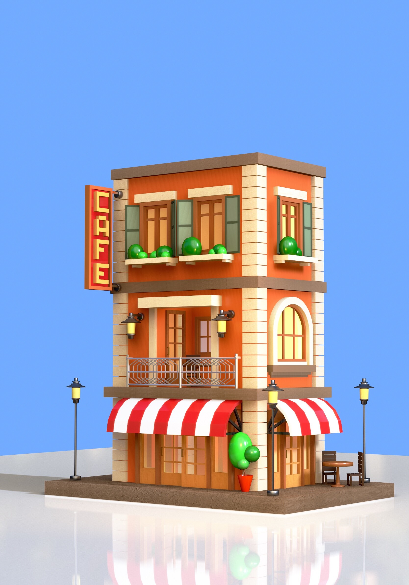 ArtStation - Toonish Cafe Building, Low poly in Nomad Sculpt.
