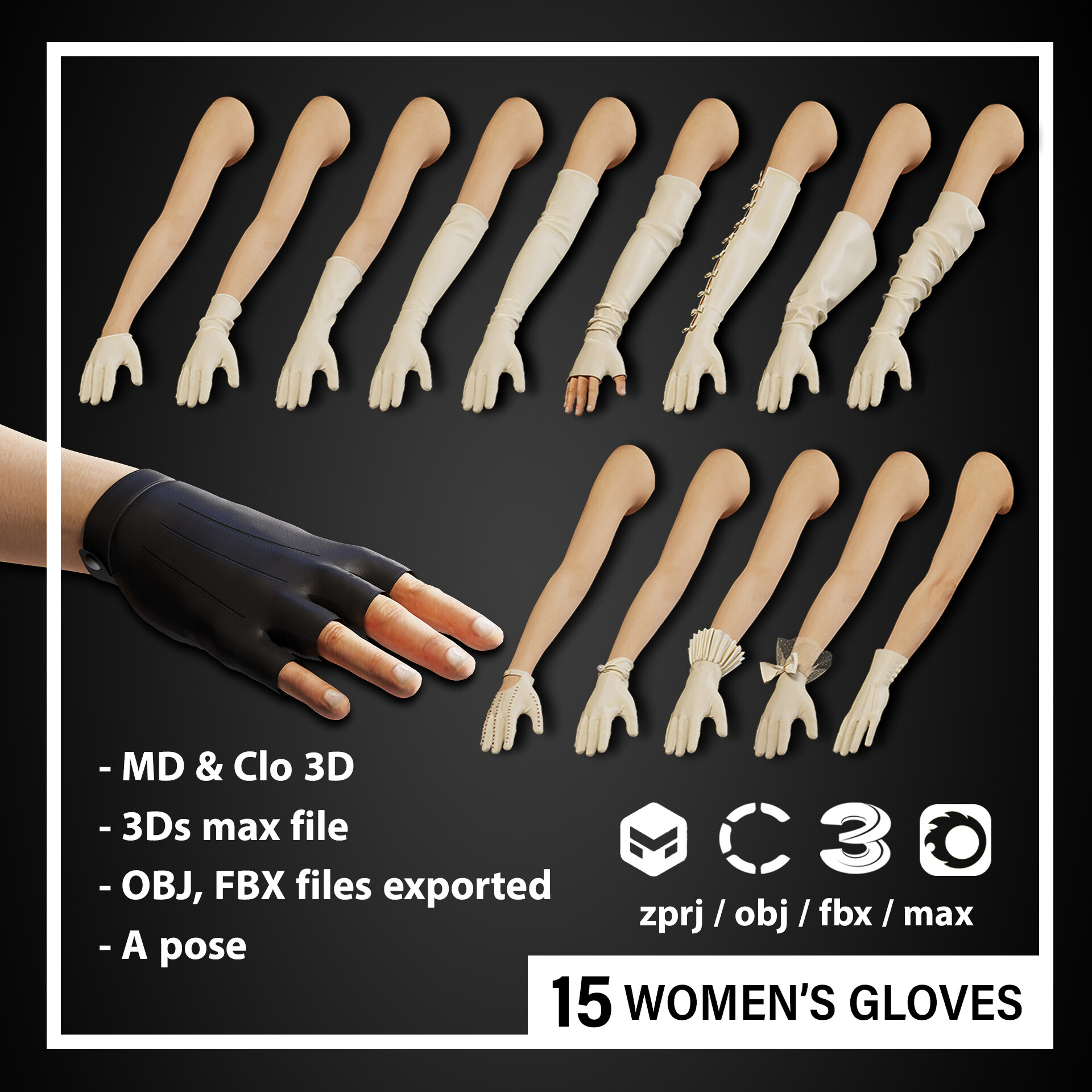 ArtStation - 15 WOMEN'S GLOVES (CLO3D, MD PROJECTS+OBJ+FBX)