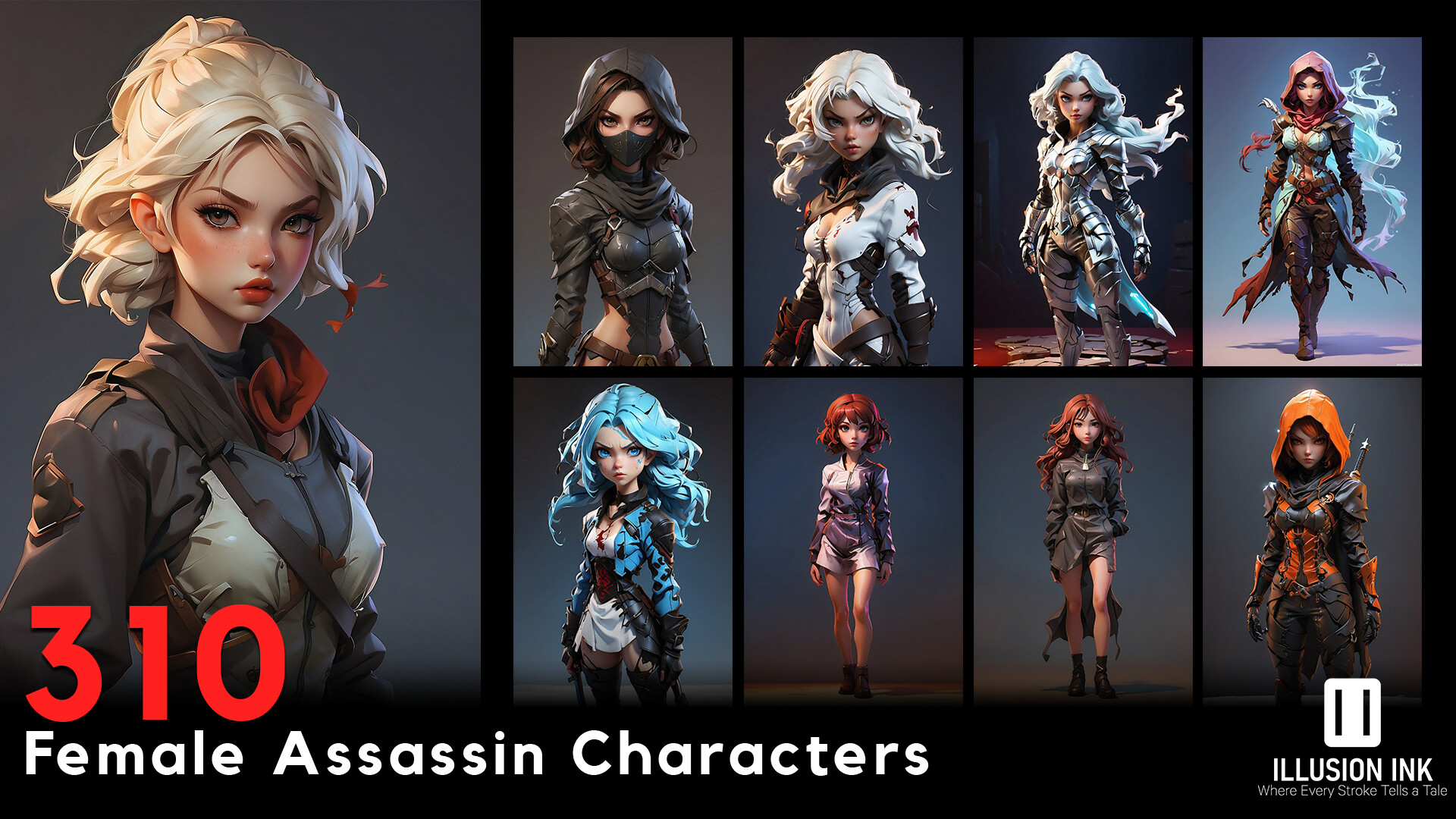 ILLUSION INK - 310 Female Assassin Characters | 8K