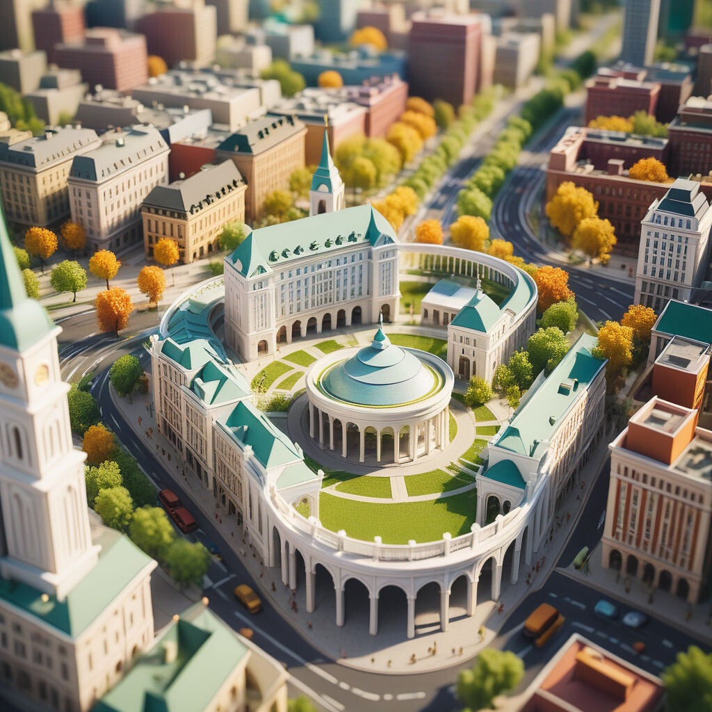 ArtStation - aerial view of a city center with city hall