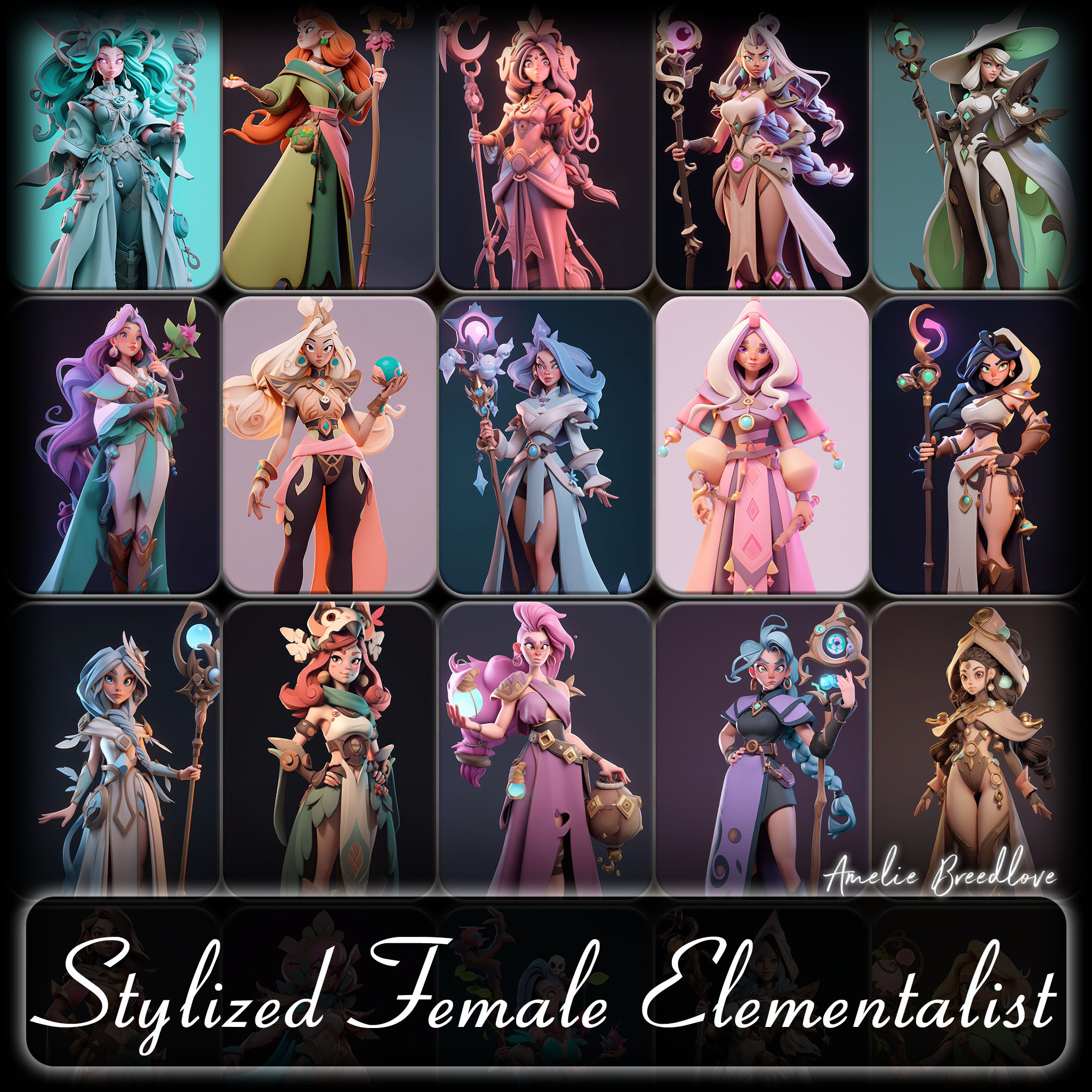Amelie Breedlove - 200 Stylized Female Elementalist Reference Pack | 4K | v.122