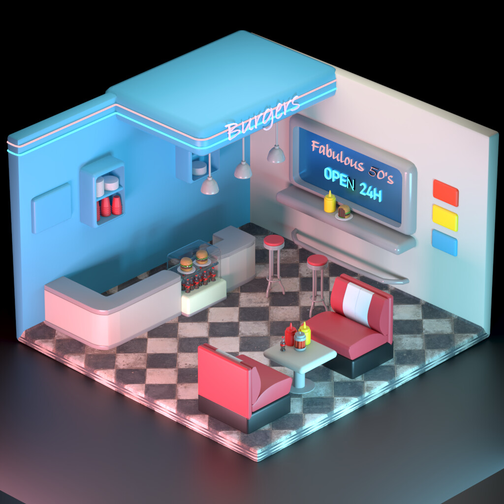 ArtStation - 50's style cartoon diner