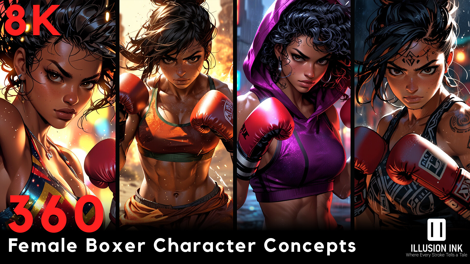 ILLUSION INK - 360 Female Boxer Character Concepts | 8K