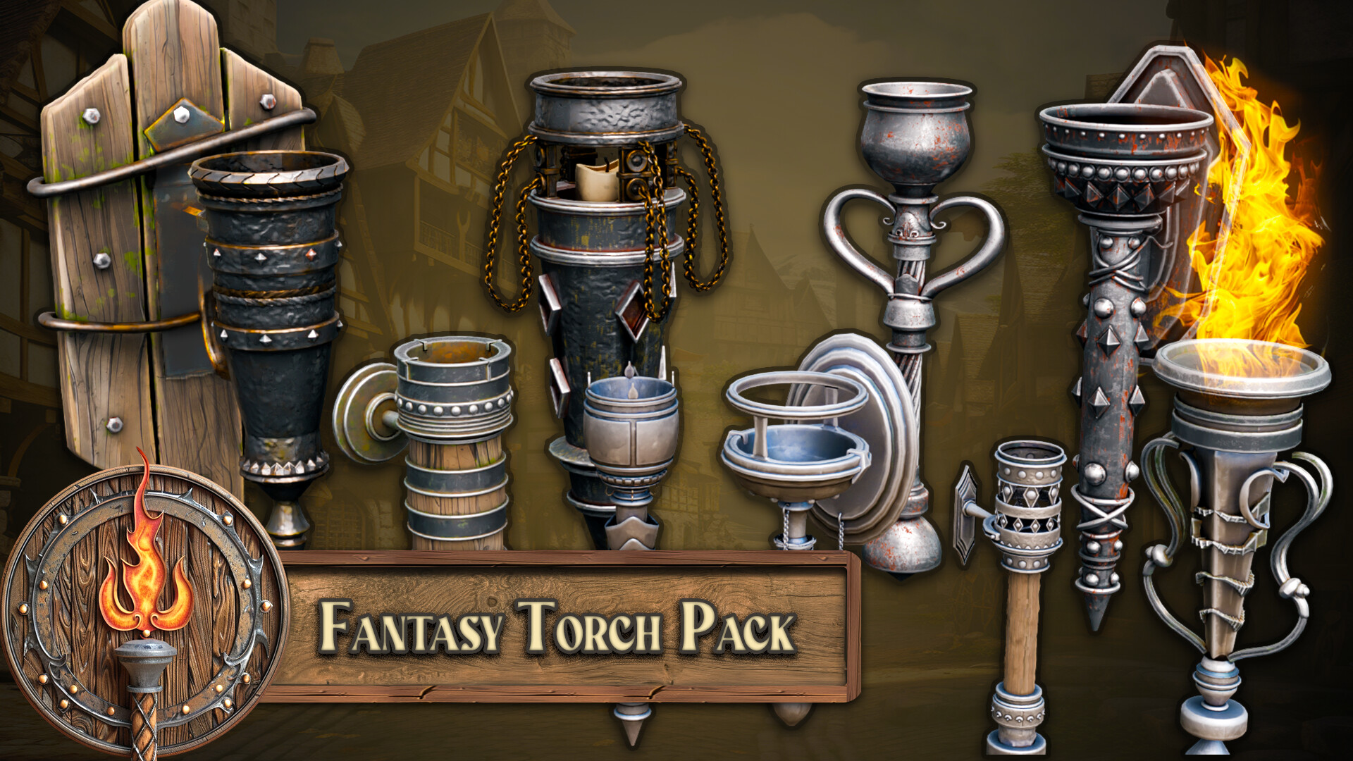 3D Tudor - Blender 20 Massive Fantasy Torches Asset Pack