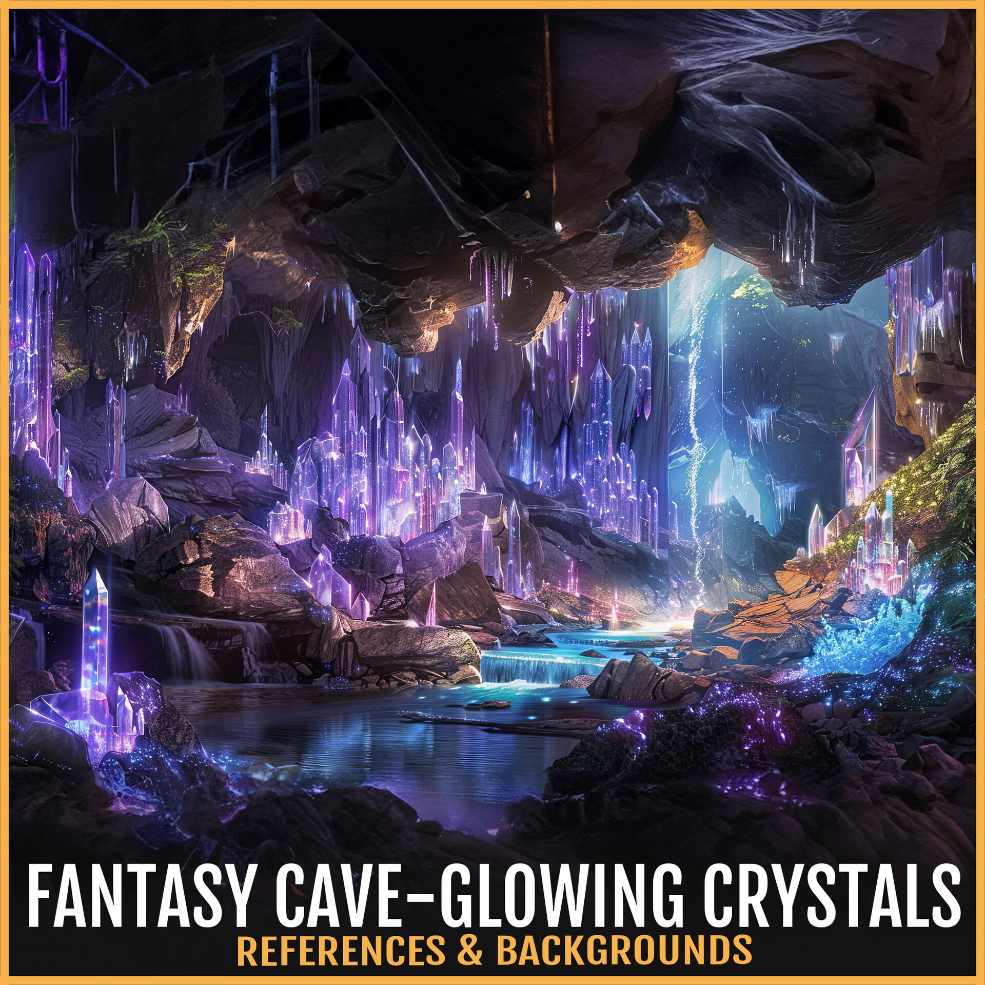ArtStation - 303 Fantasy Cave with Waterfalls and Glowing Crystals
