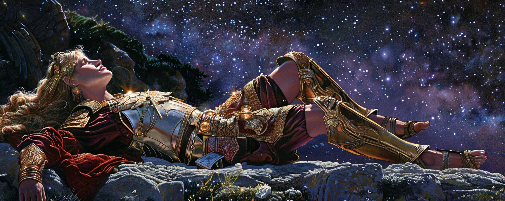 Midjourney Rando - masterpiece fantasy painting of a gorgeous leggy female paladin laying down ...