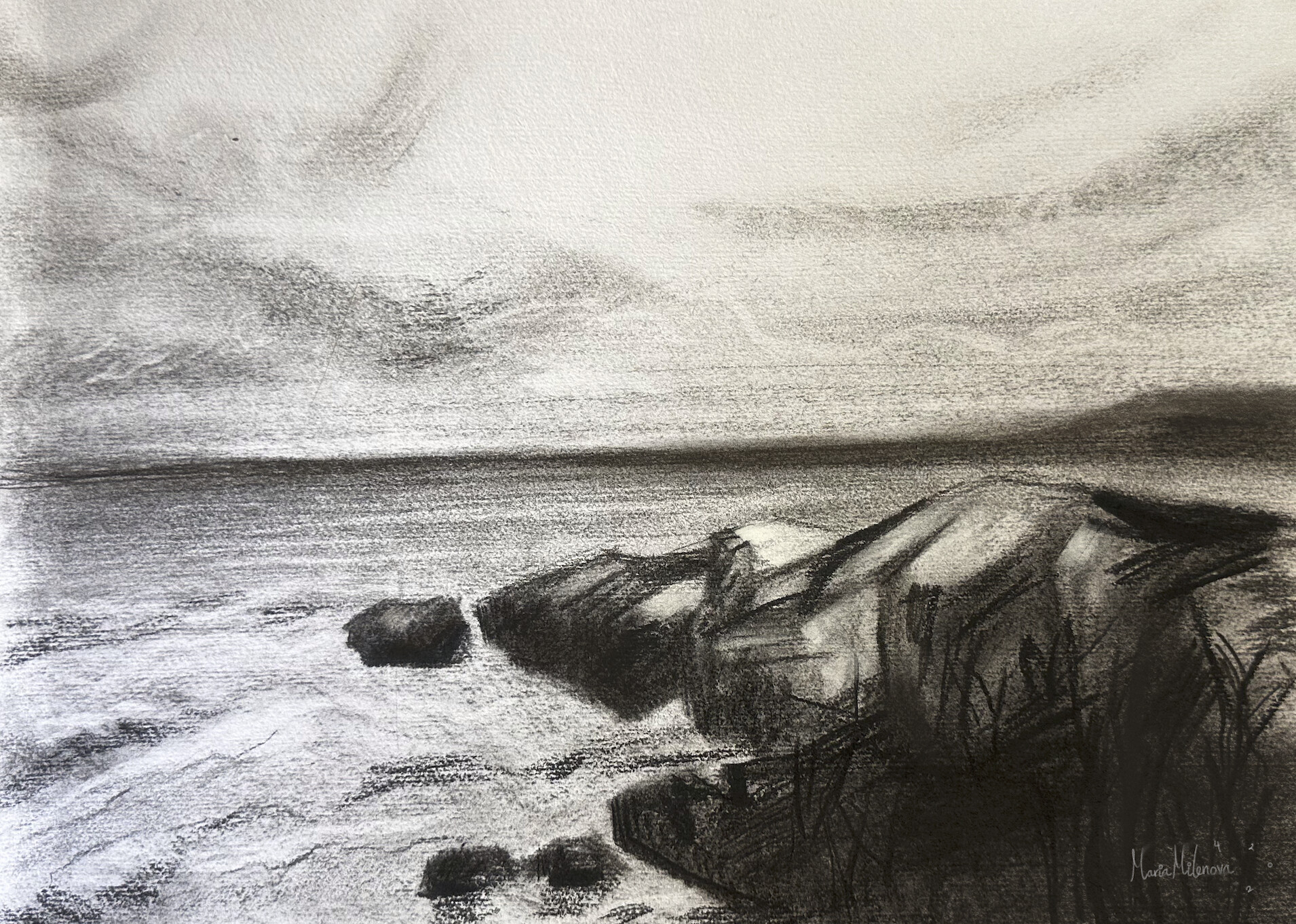 how to draw ocean with charcoal