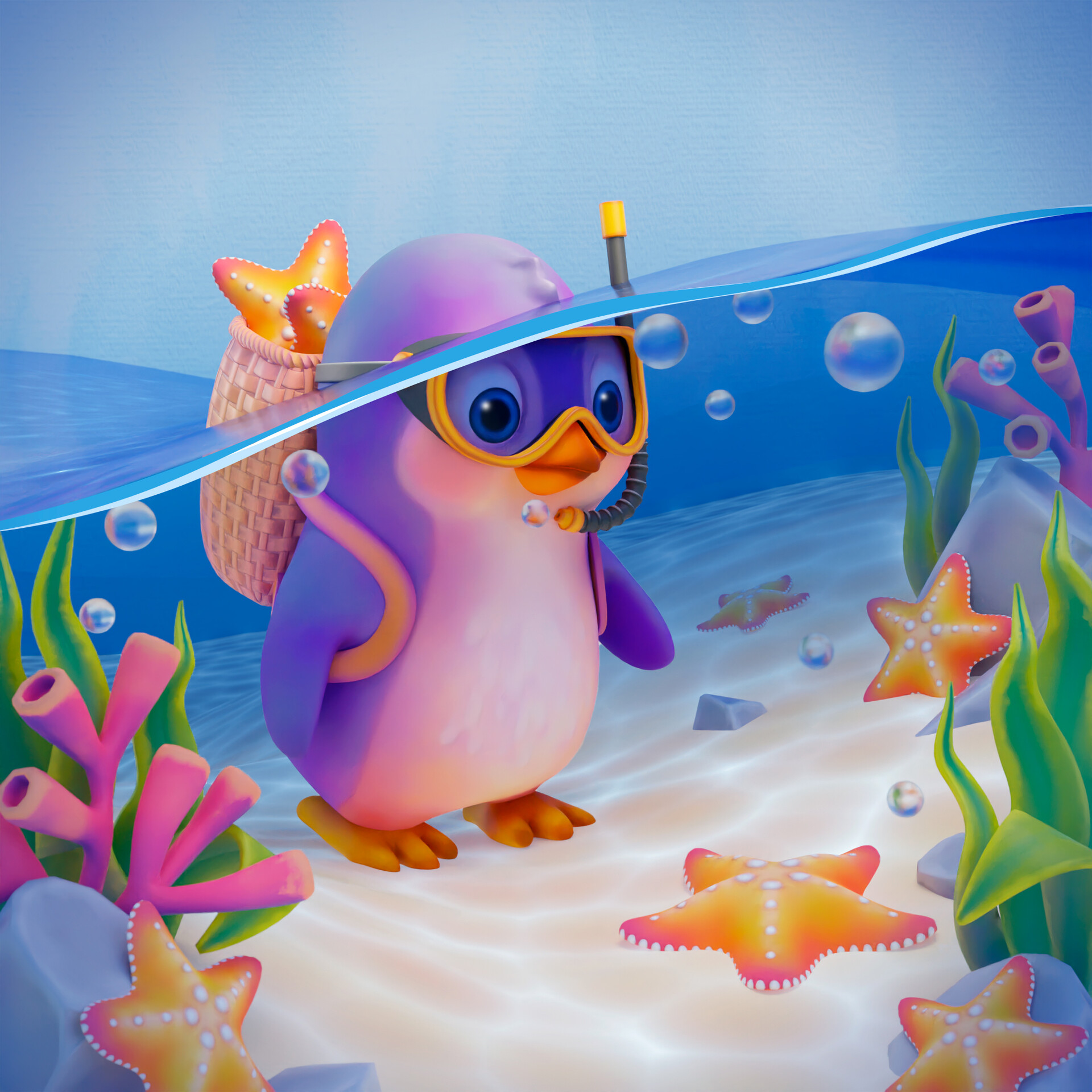 ArtStation - Penguin collecting starfish