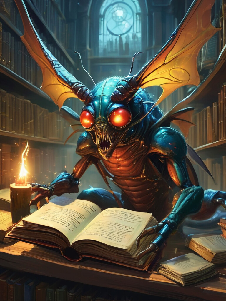 ArtStation - A flying monster reading a book with a pile of books in ...