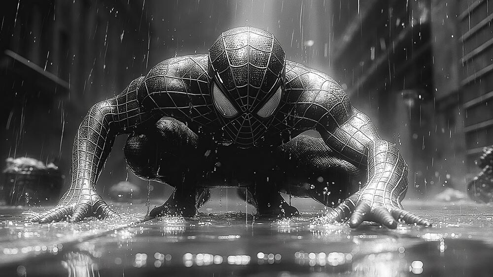 PBR Textures Free Download - Spiderman in the rain black and white ...