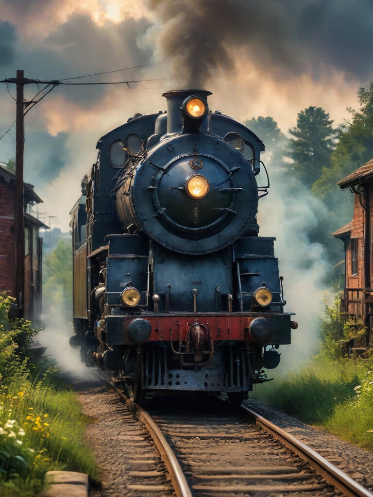 ArtStation - An old locomotive train running on tracks through a forest