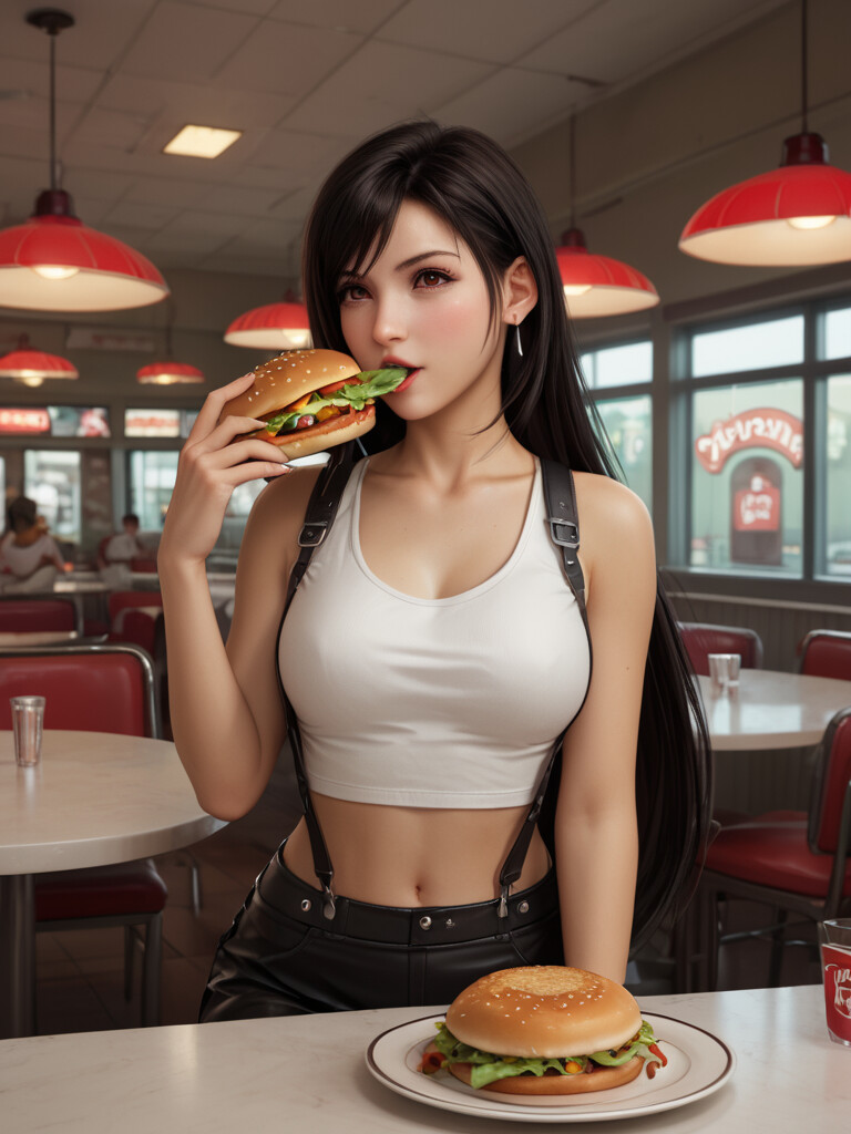 ArtStation - Tifa Lockhart is eating a hamburger and a plate of food