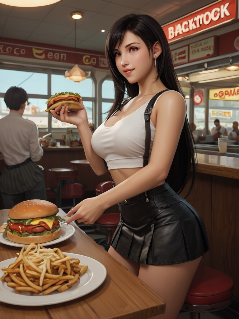 ArtStation - Tifa Lockhart is eating a hamburger and a plate of food