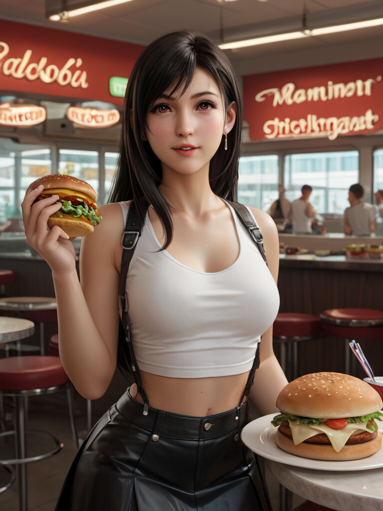 ArtStation - Tifa Lockhart is eating a hamburger and a plate of food