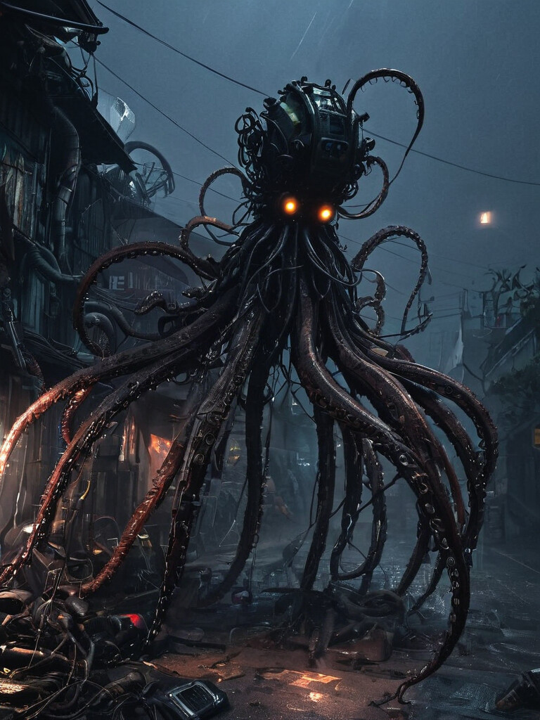 ArtStation - A huge machine octopus terrorizing a city at night