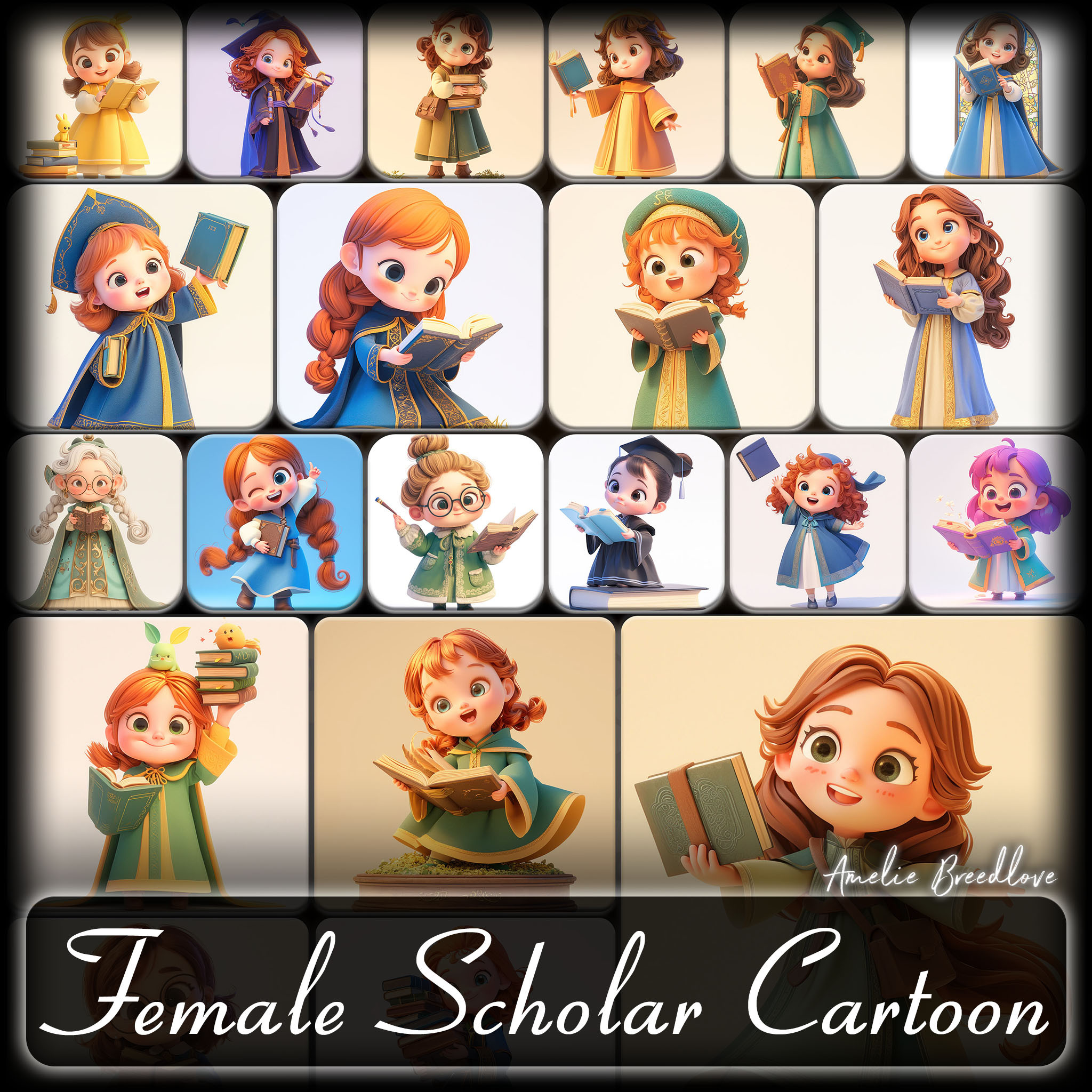 Amelie Anime - 200 Female Scholar Cartoon (Full Body) Reference Pack ...