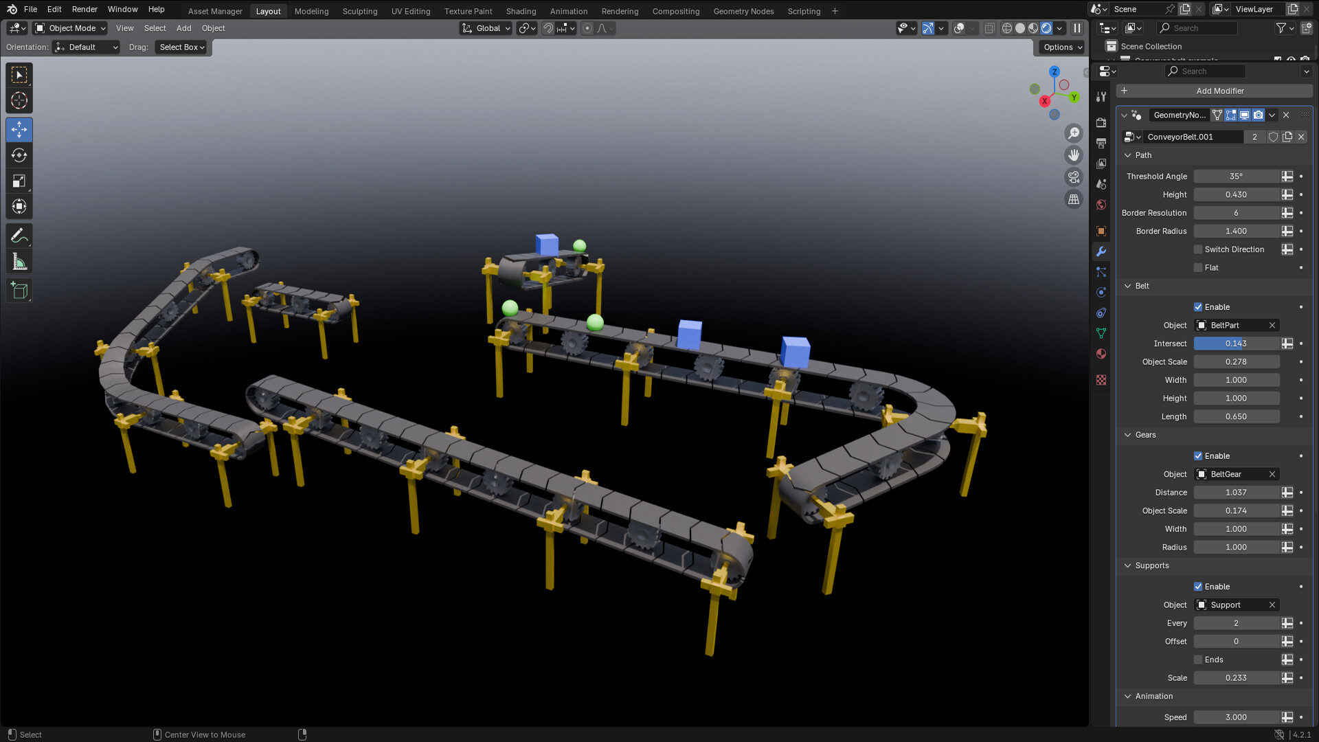3D Tudor - Blender Conveyor Belt Geometry Node by 3D TUDOR