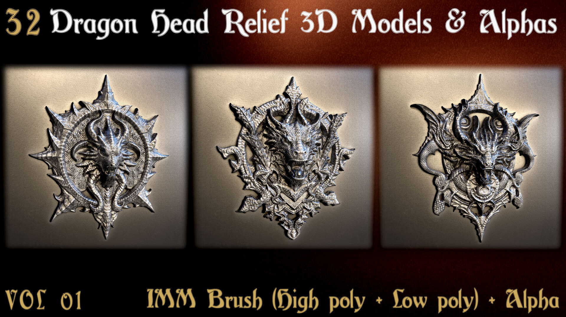 Mona Ghafourian - 32 Dragon Head Relief 3D Models & Alphas - Vol1