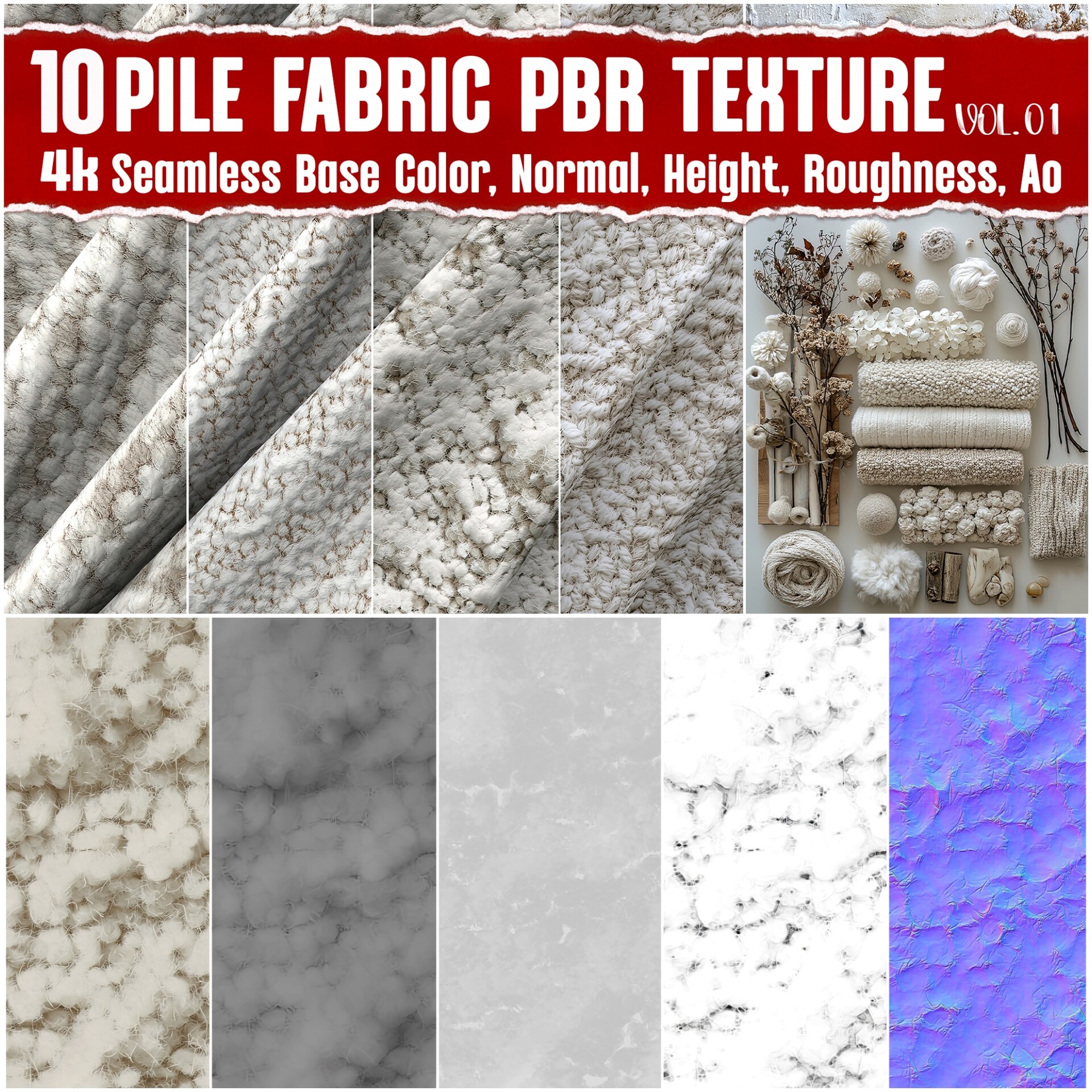 ArtStation - Pile Fabric VOL.01 |4K Seamless PNG PBR Textures
