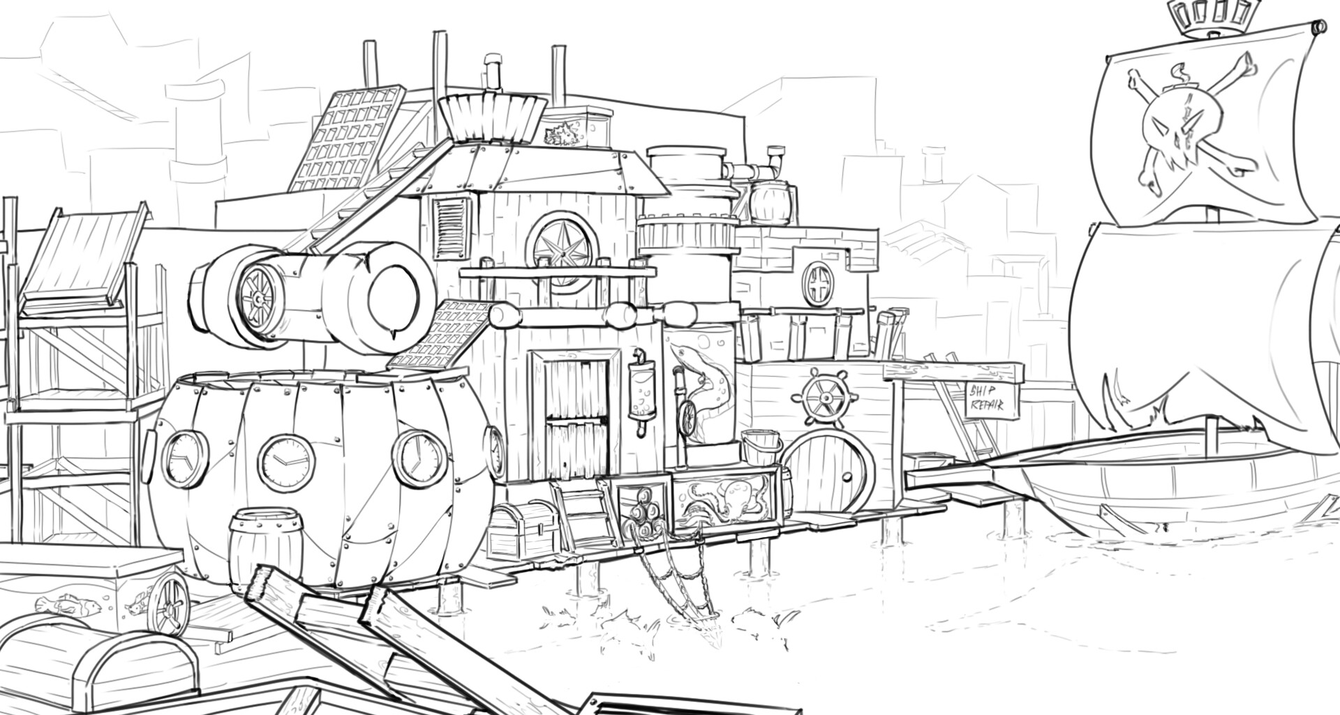 ArtStation - Steampunk Pirate Dock Town Concept