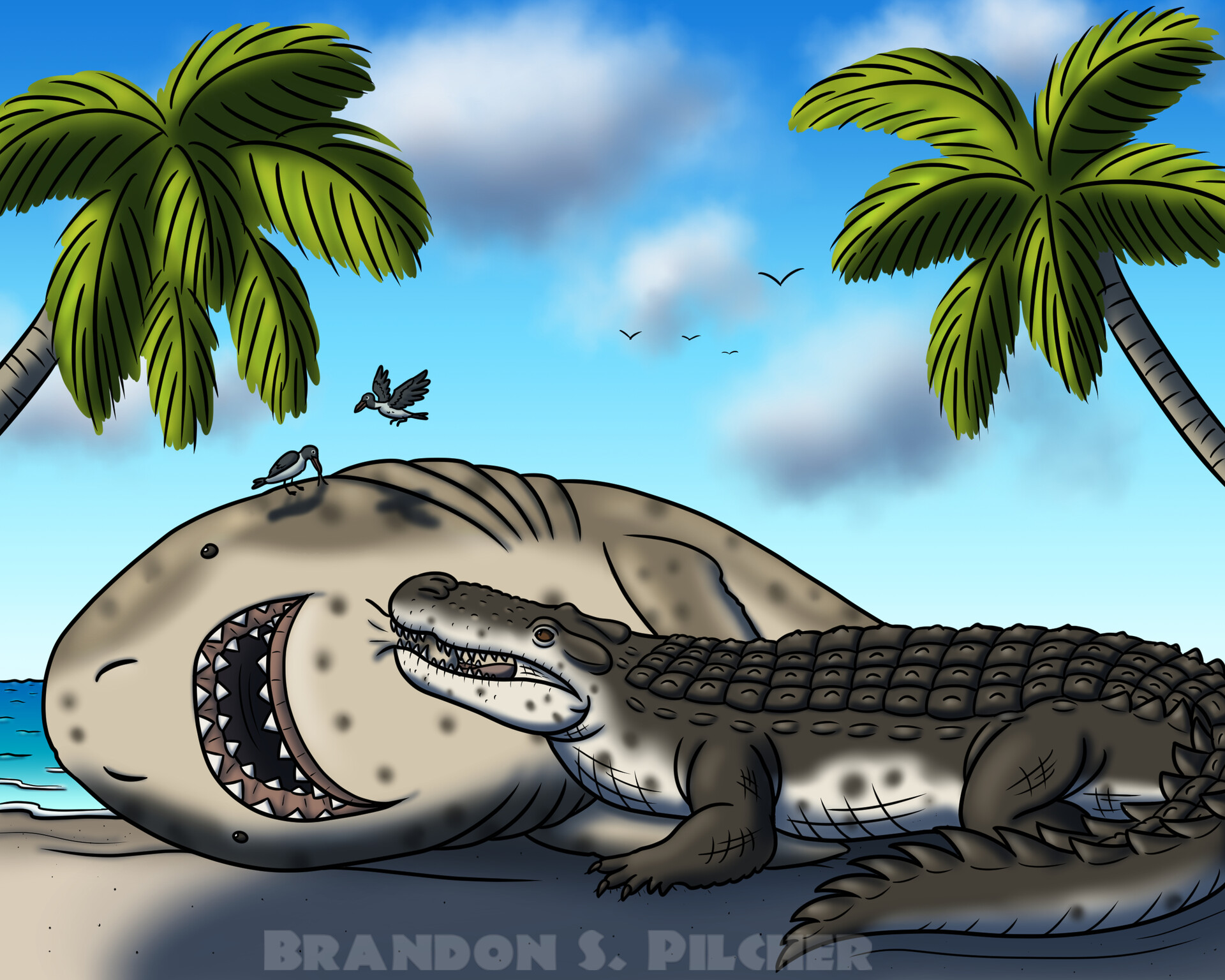 ArtStation - Purussaurus Scavening Megalodon