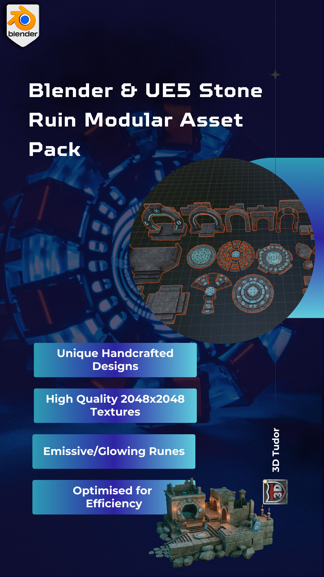 3D Tudor - Blender, Unity & UE5 Stylized Stone Ruin Modular Asset Pack