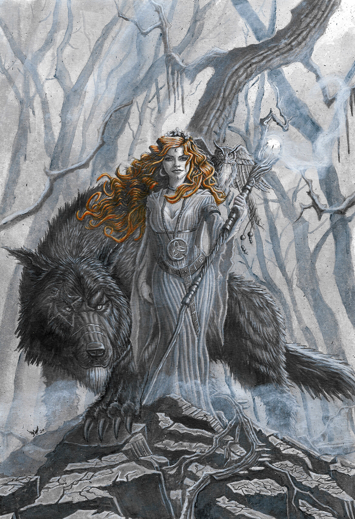 ArtStation - Celtic Druid and her guardian Wolf