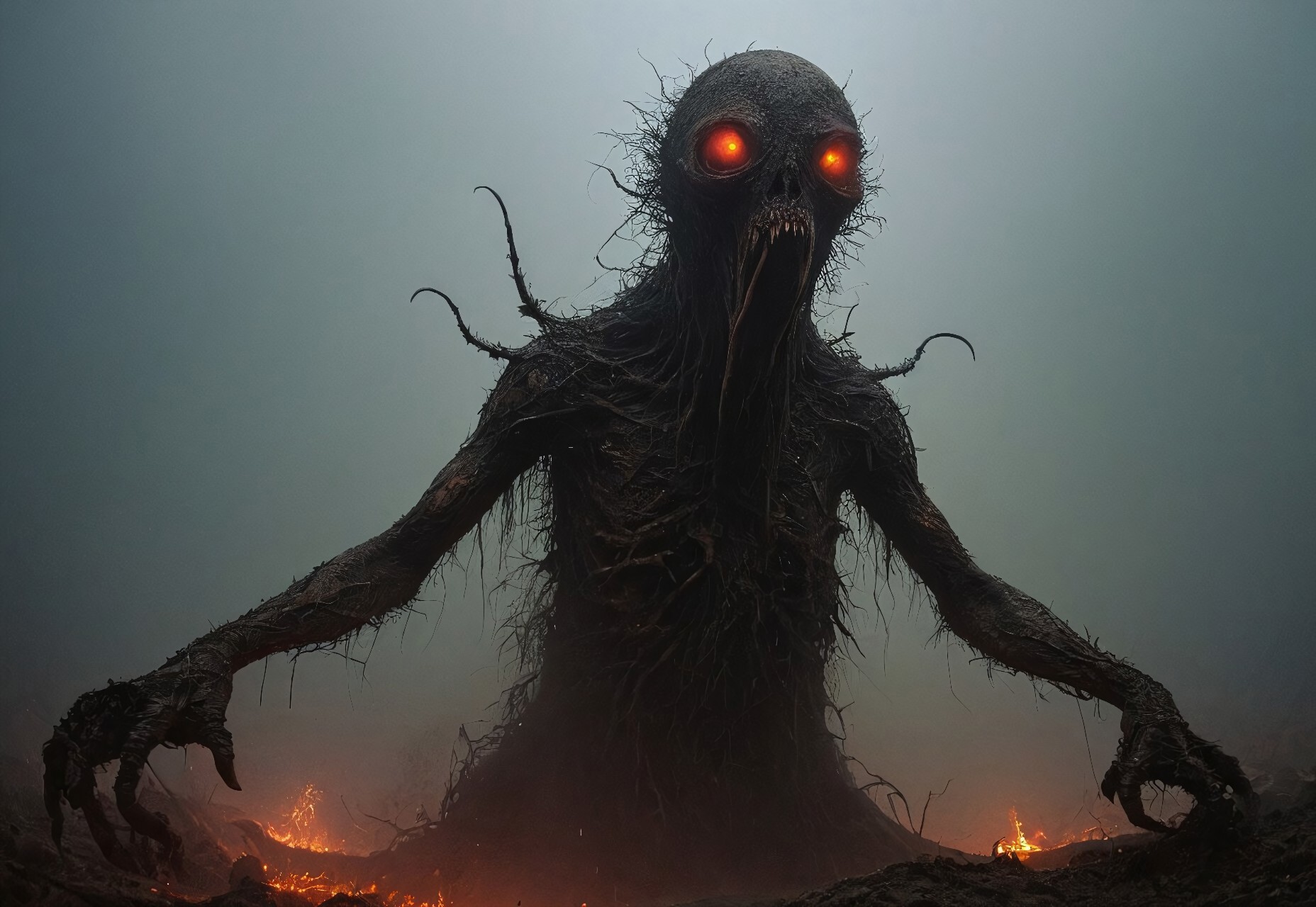 ArtStation - A sinister monster with glowing red eyes looms against a ...