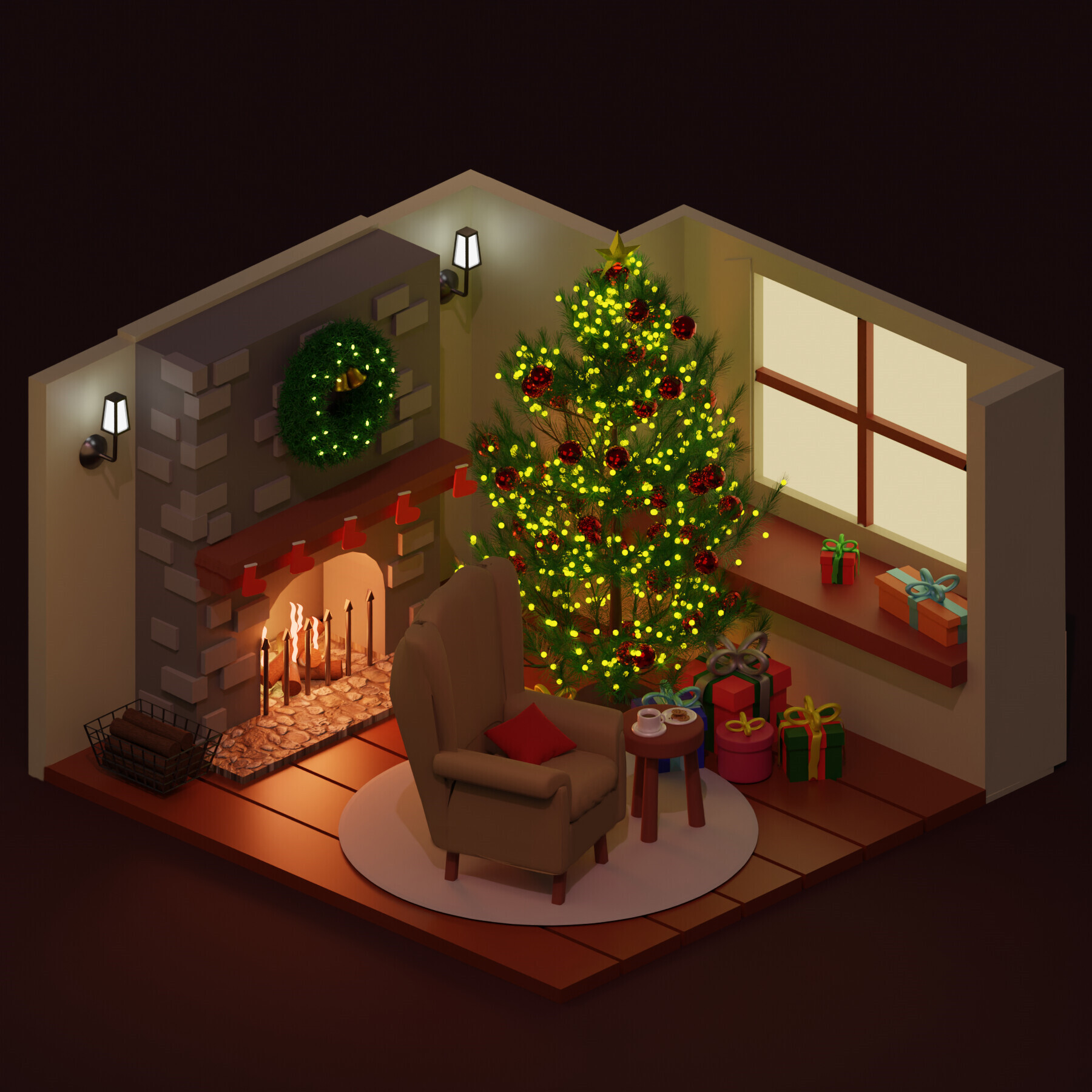 ArtStation - Isometric Christmas decorated room