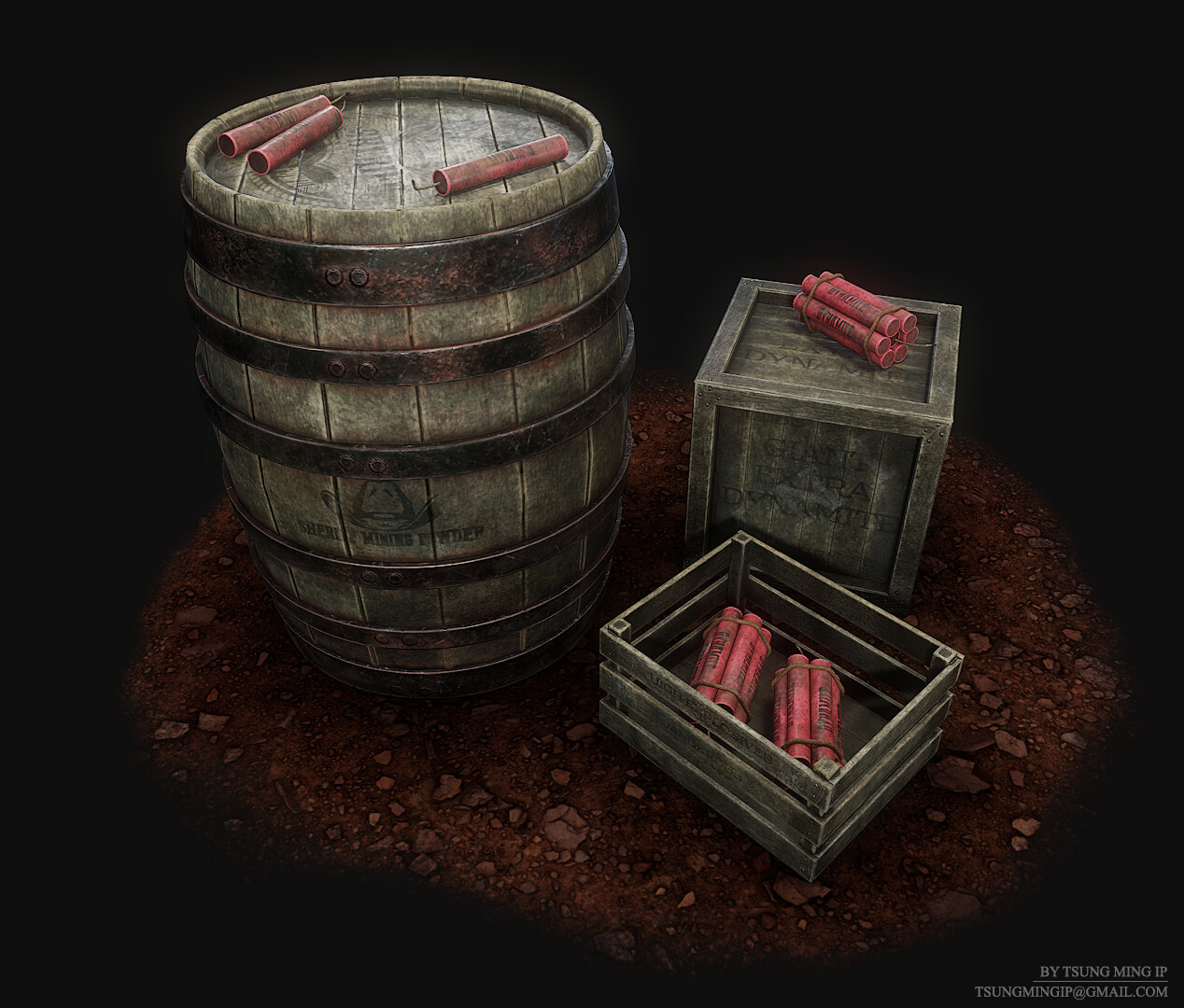 Tsung ming Ip - Old West Mining Wooden Barrel, Crate, Box and Dynamite