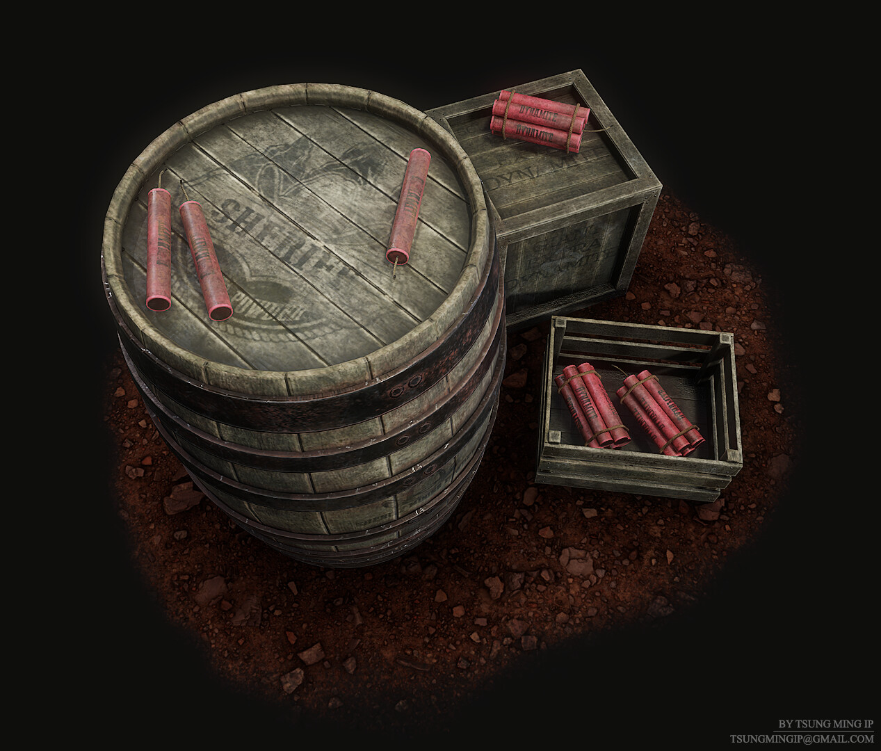 Tsung ming Ip - Old West Mining Wooden Barrel, Crate, Box and Dynamite
