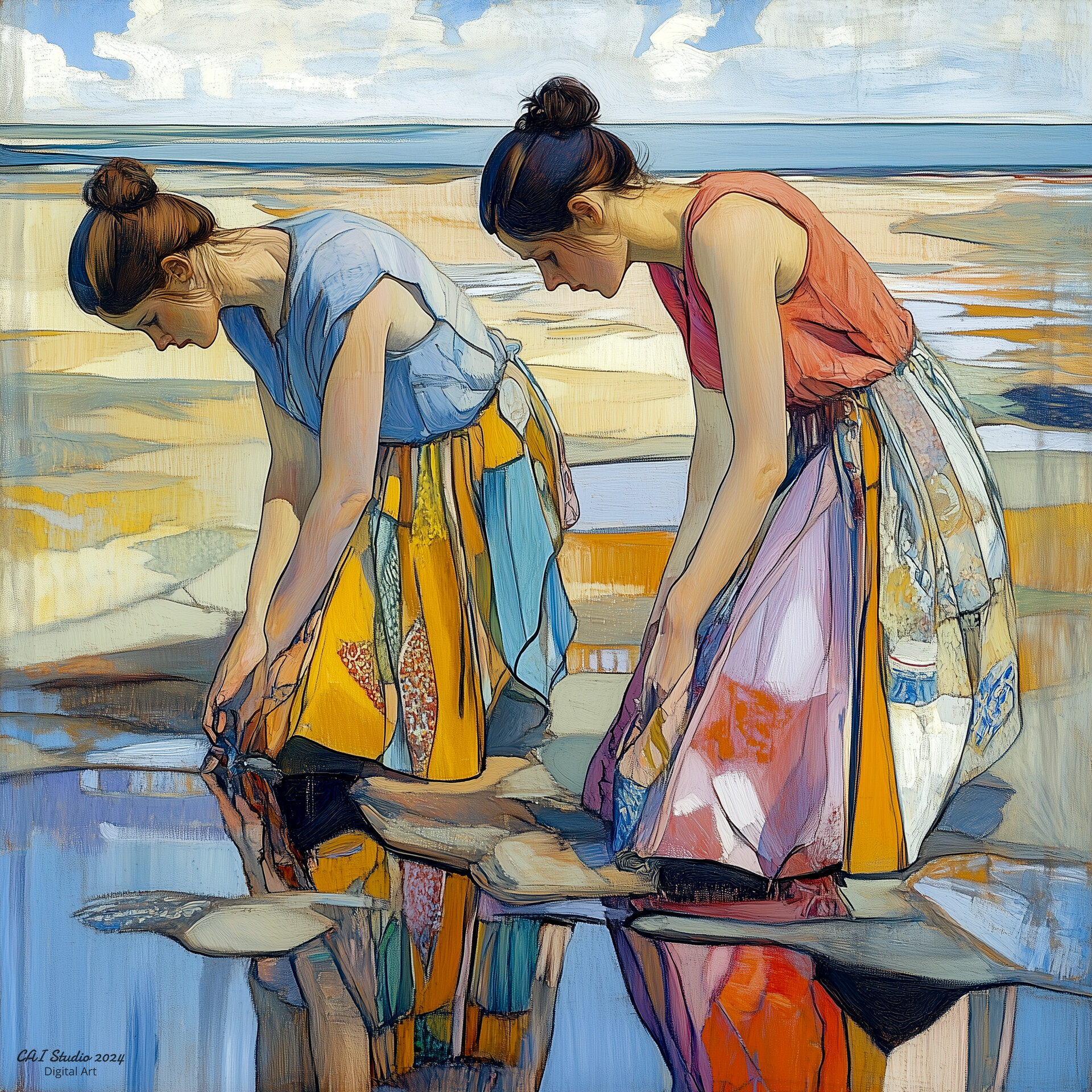 ArtStation - Two young women looking for seashells