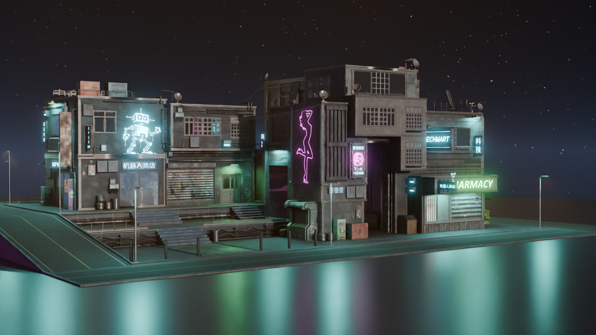 3D Tudor - Stylized Cyberpunk Downtown Modular Kitbash Pack for Blender ...