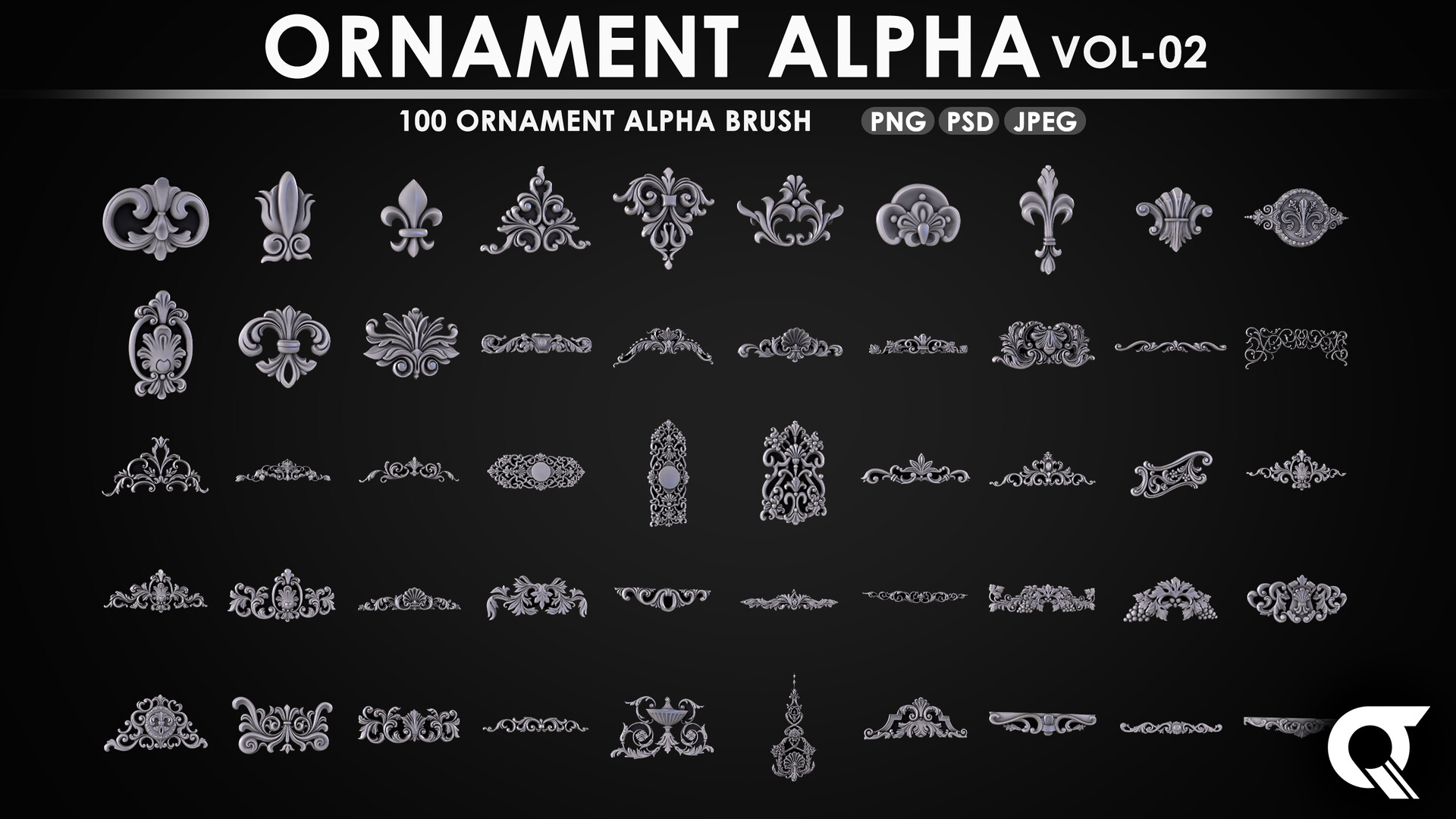 QuickTool Studio - 100 Ornament Alpha Brush-VOL02 (PSD-PNG-JPEG)