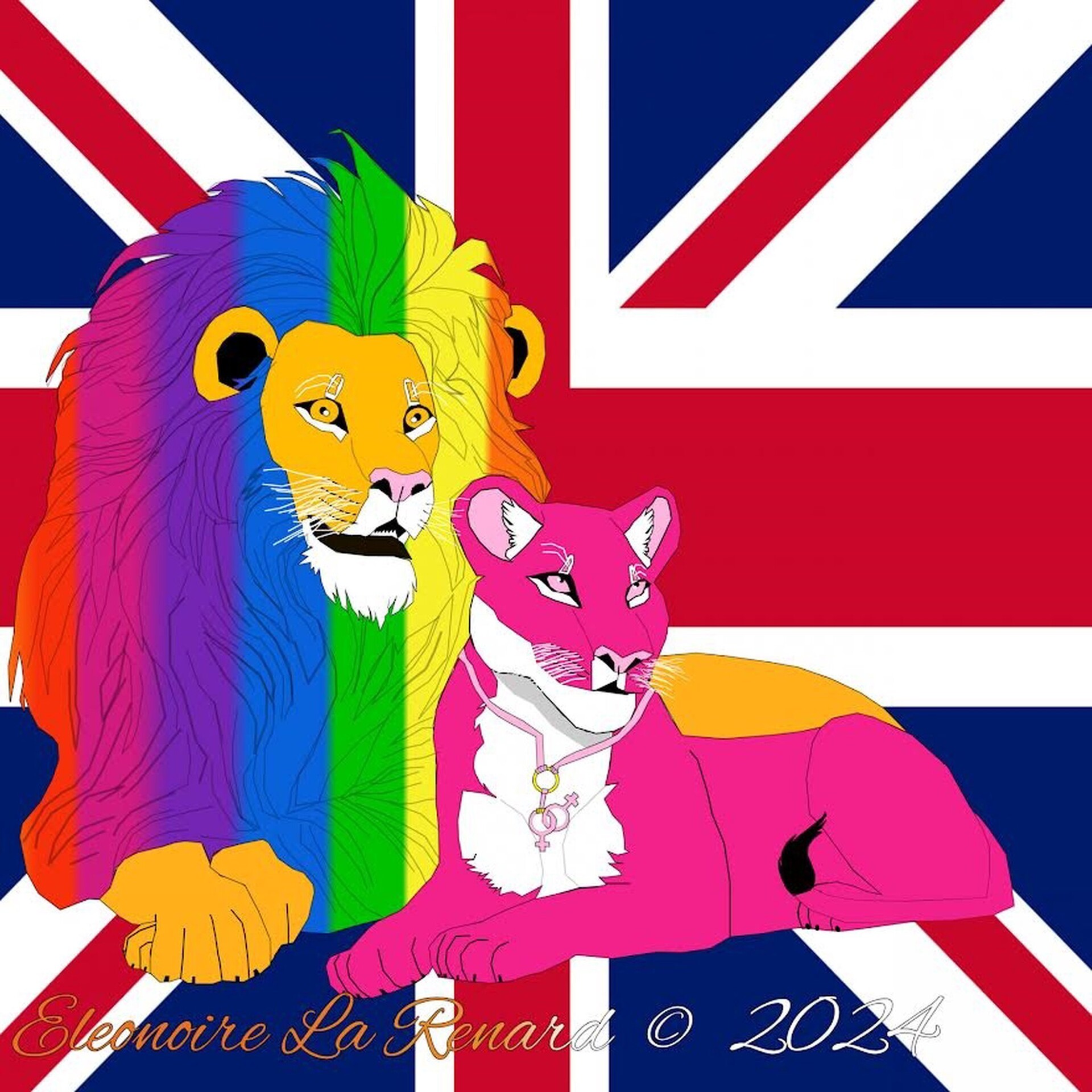 ArtStation - gay lion with lesbian lioness behind the UK flag