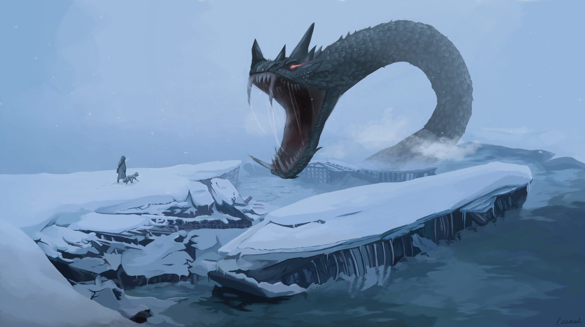 ArtStation - A huge river monster in the snowy wilderness.