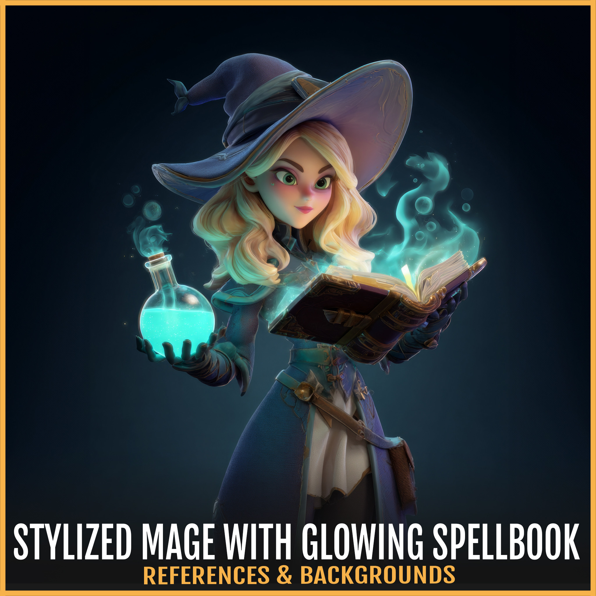 Artificial Dimension - 202 Stylized mage with Glowing Spellbook
