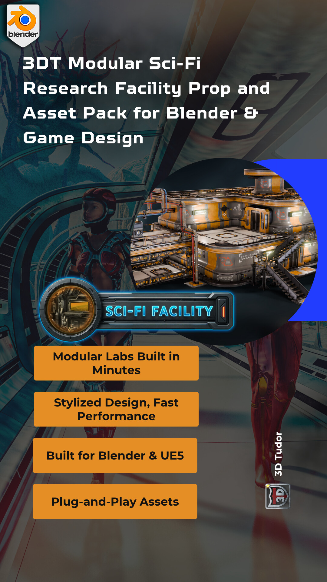 3D Tudor - 3DT Modular Sci-Fi Research Facility Prop and Asset Pack for Blender & Game Design